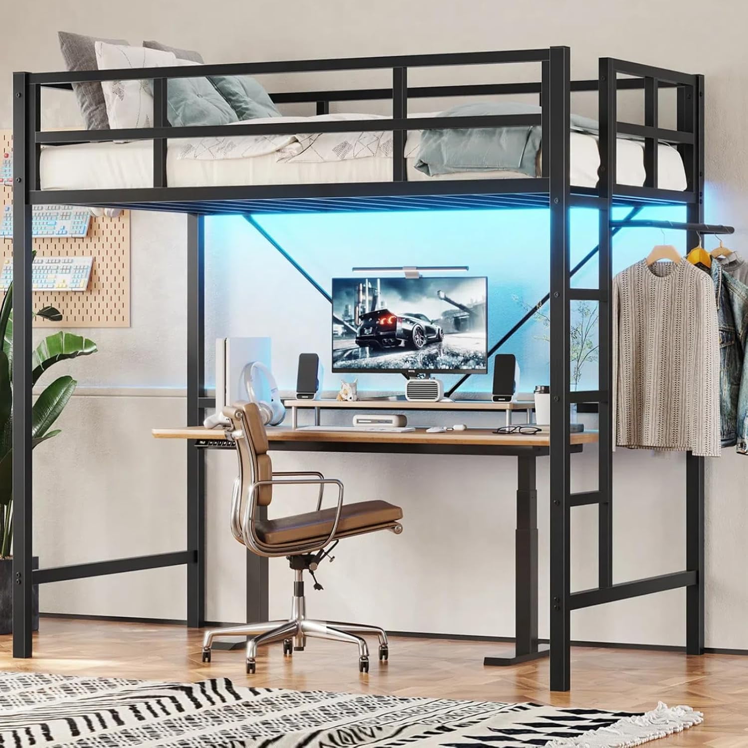 Twin Size Loft Bed Frame with Led Lights, Metal Loft Bed Frame with ...