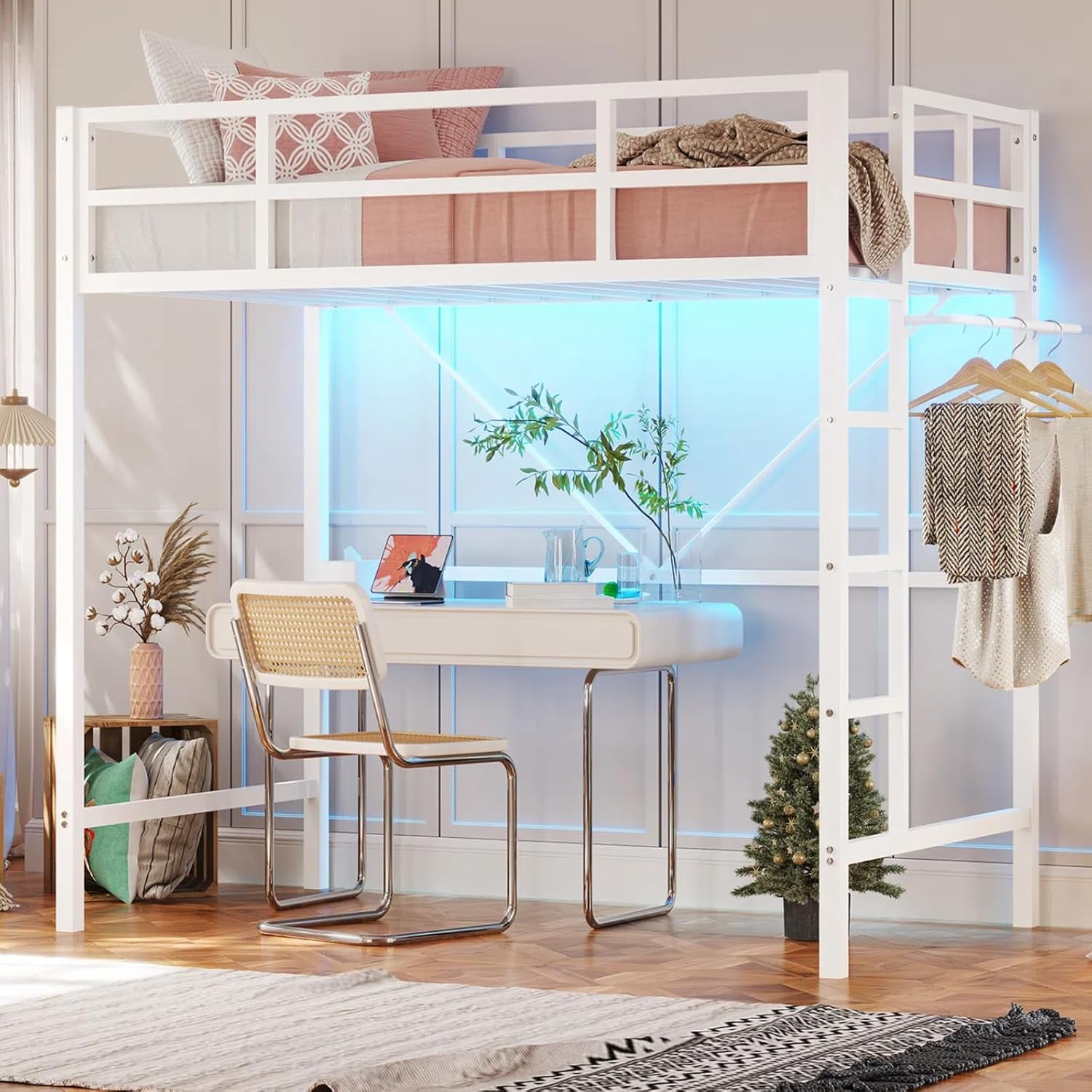 Twin Size Loft Bed Frame with Led Lights, Metal Loft Bed Frame with ...