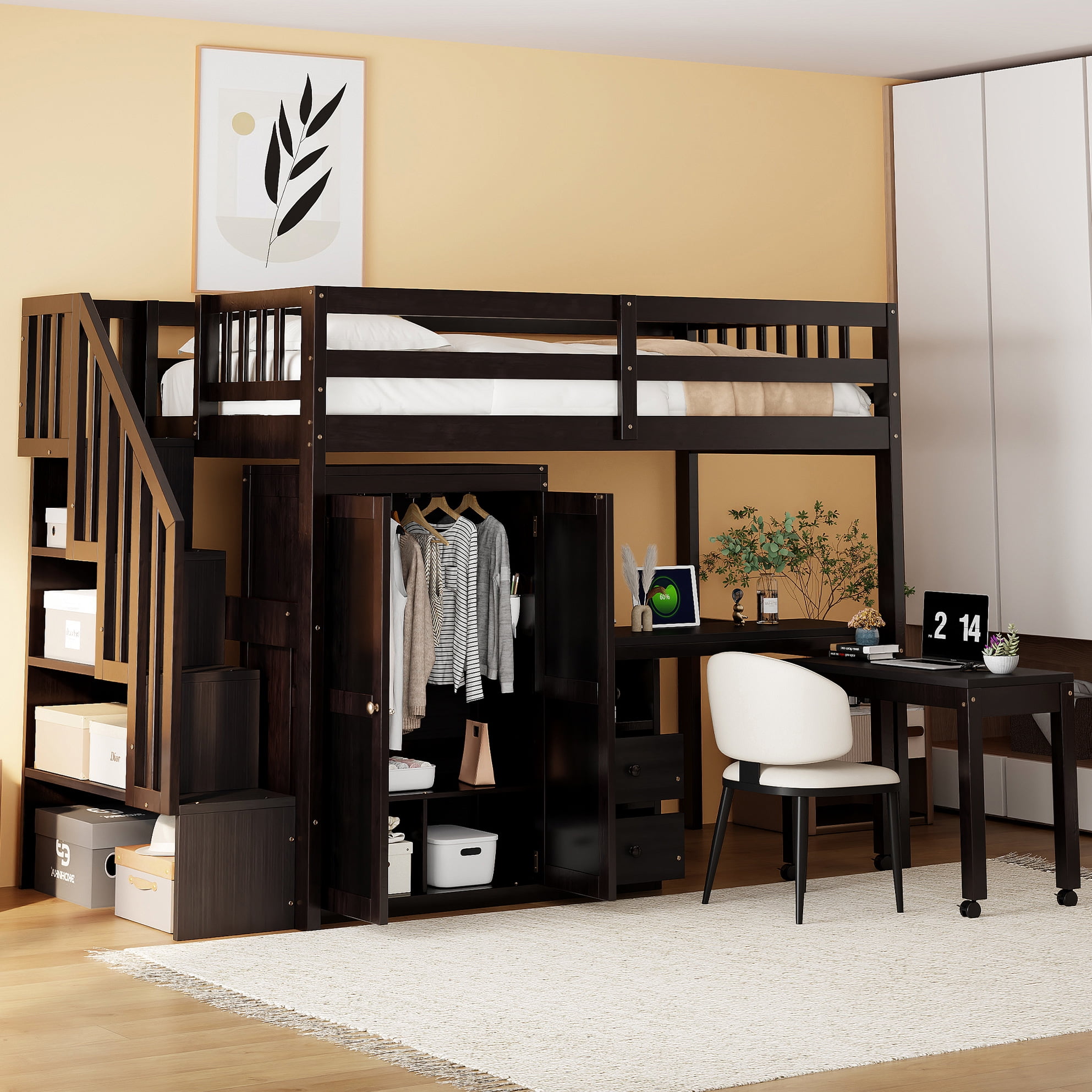 Twin Size Loft Bed With Integrated Stairs, Bookshelf, Drawers, Desk & Wardrobe. For Teens. Space ...