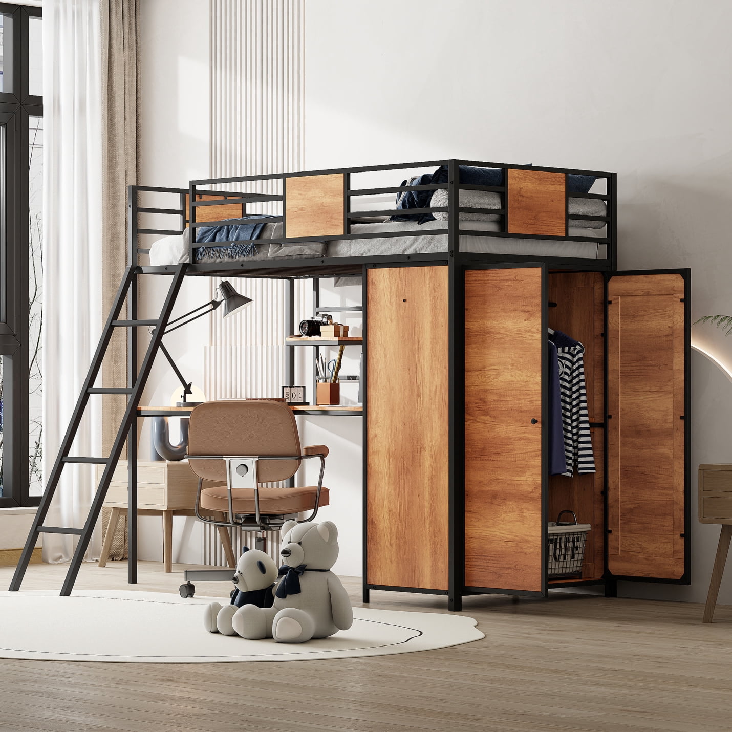 Twin Size Loft Bed with L-Shape Desk and Large Wardrobe, Heavy Duty ...