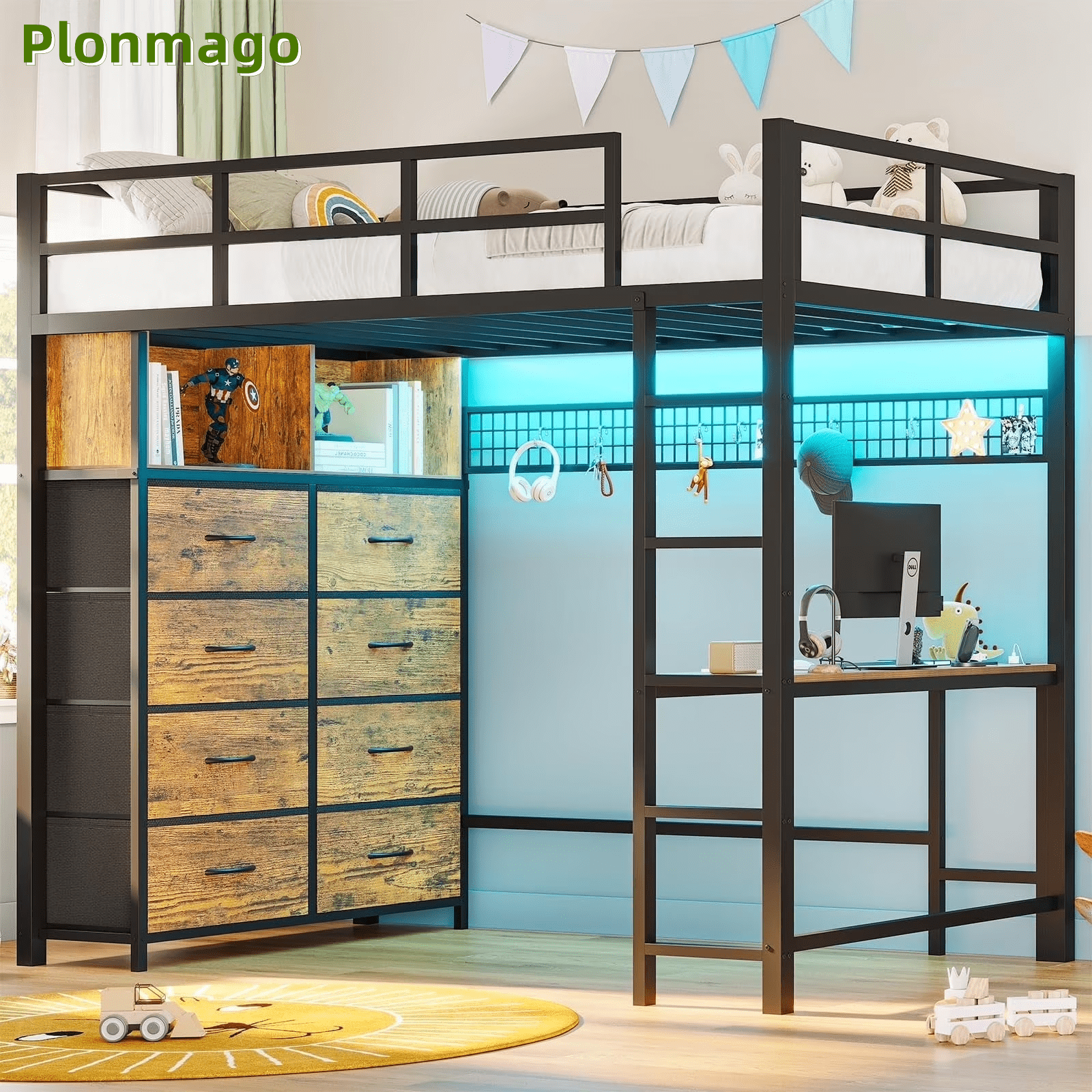 Kicode Twin Loft Bed with L-Shaped Desk LED Lights Charging Station and ...