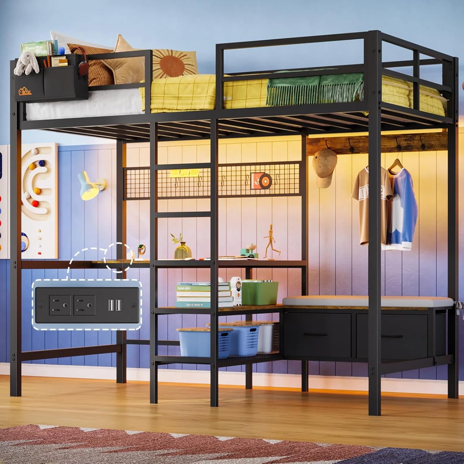Twin Size Loft Bed with L-Shaped Desk&LED Lights&Charging Station, Twin ...