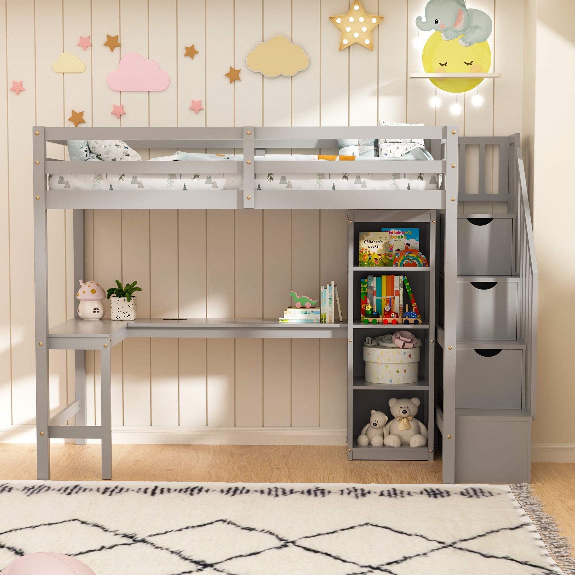 Twin Size Loft Bed with L-Shaped Desk & LED Lights & Charging Station ...