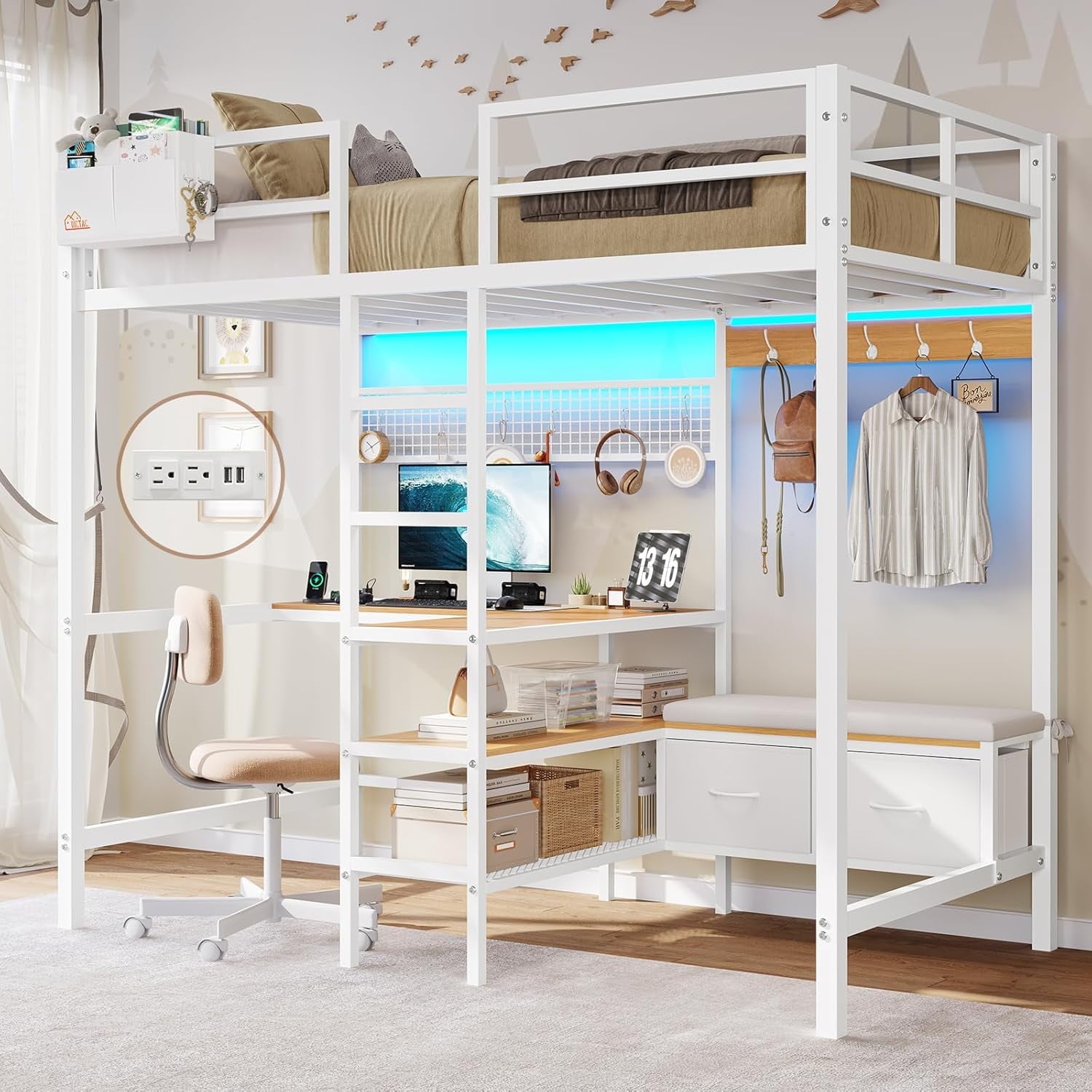 Mabor Twin Loft Bed, White, Metal Frame, L-Shaped Desk, Storage Shelves ...