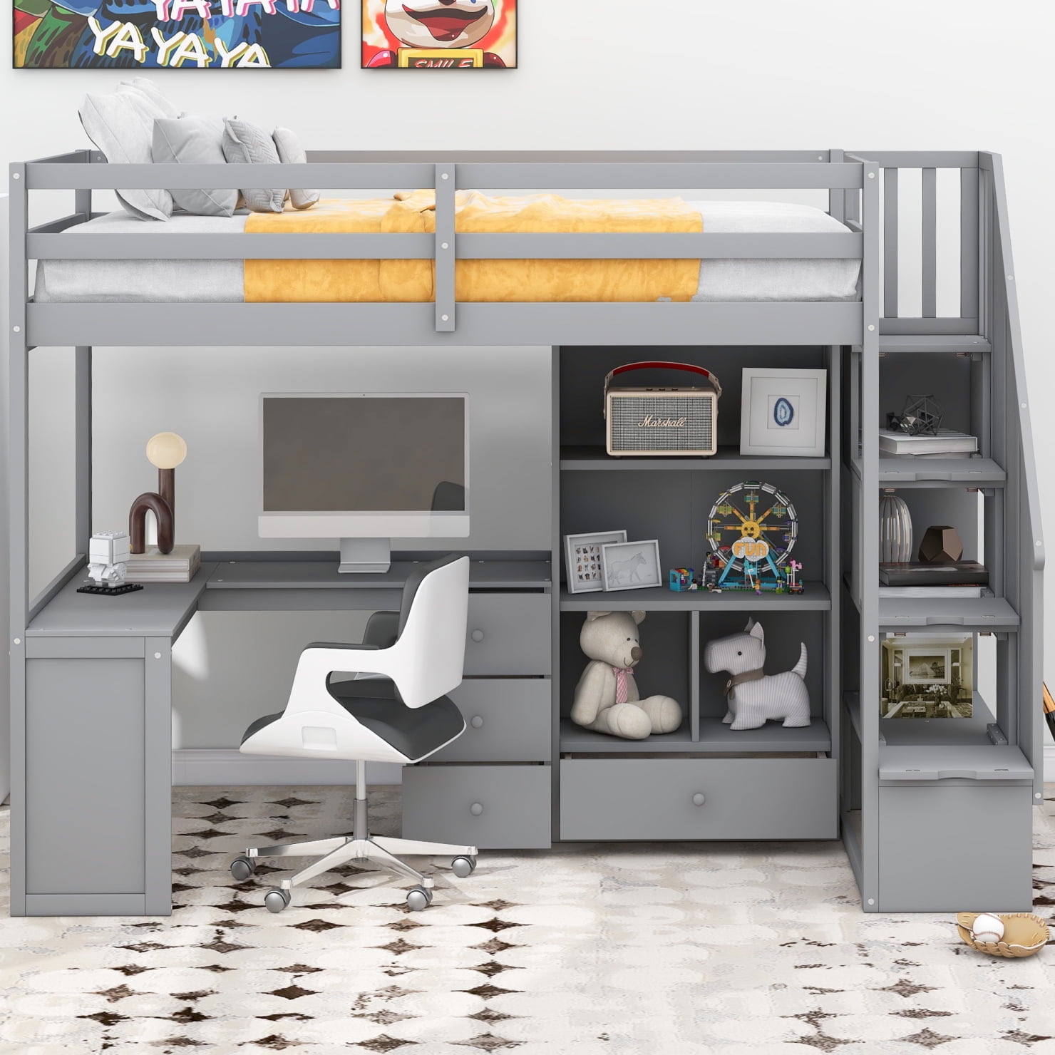 Twin Size Loft Bed with L-Shaped Desk, Wooden Loft Bed Frame with ...