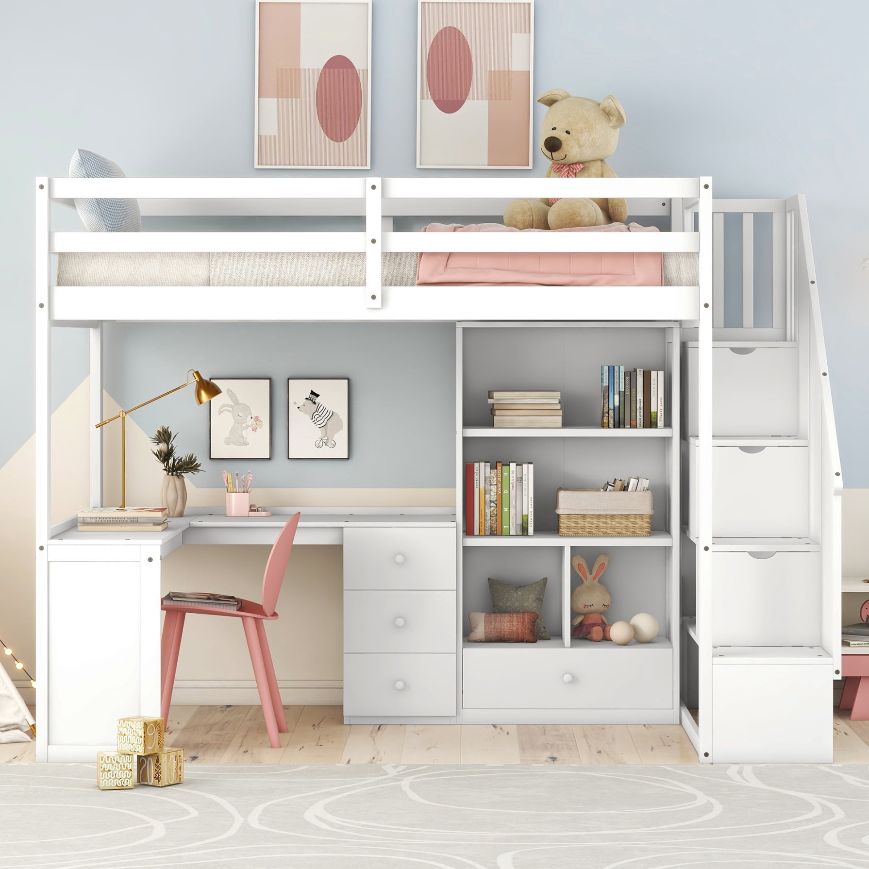 Twin Size Loft Bed with L-Shaped Desk, Wooden Loft Bed Frame with ...