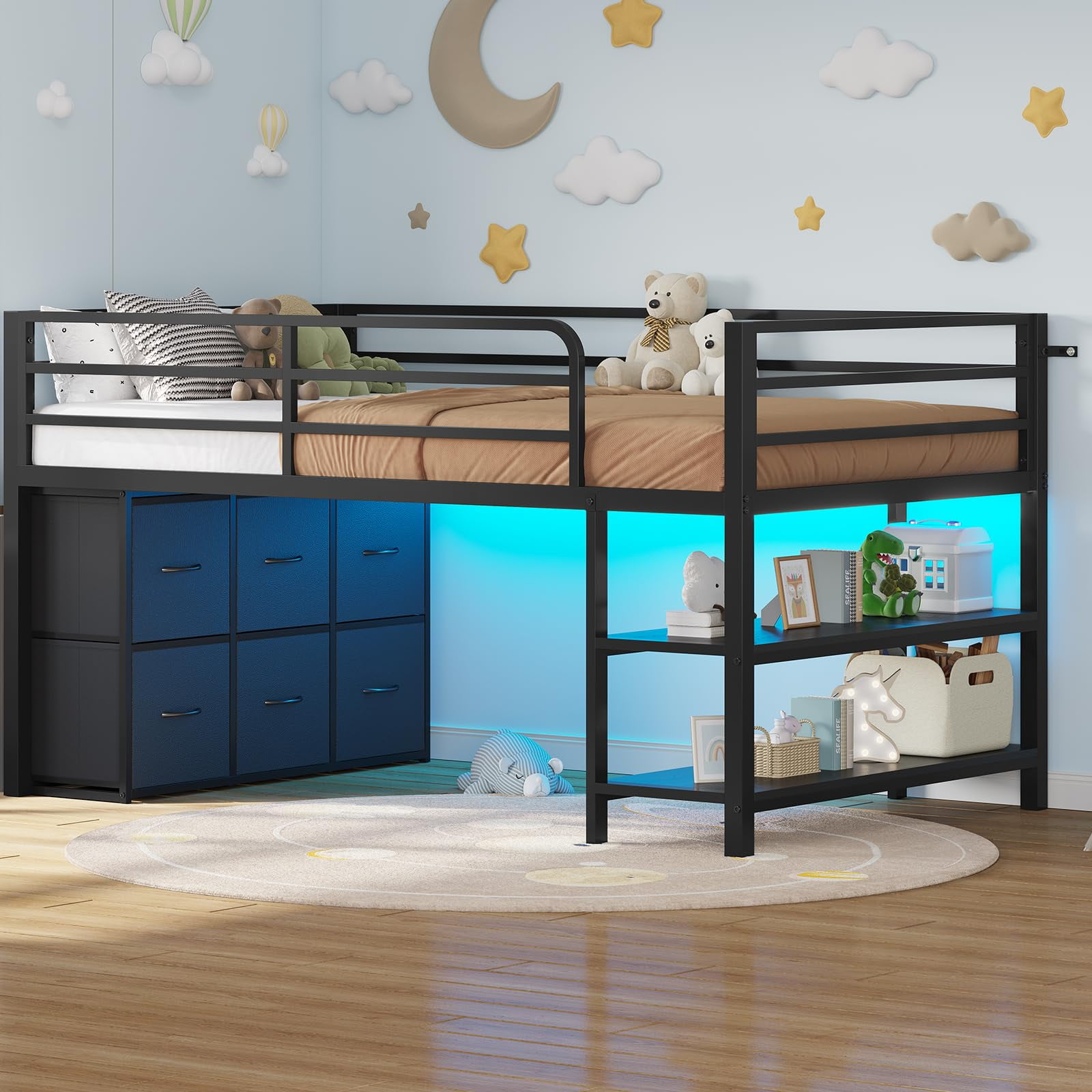Kicode Twin Size Loft Bed with LED Lights, 6 Storage Drawers, 2 Tier ...