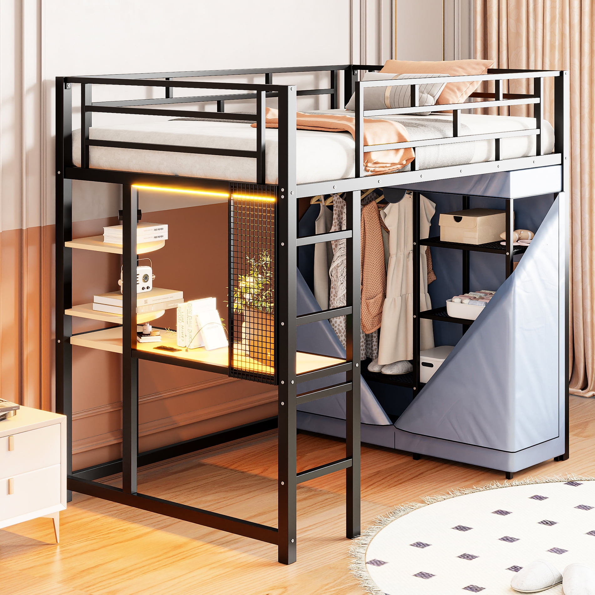 Twin Size Loft Bed With Metal Framework, Desk, Shelves, Power Input ...