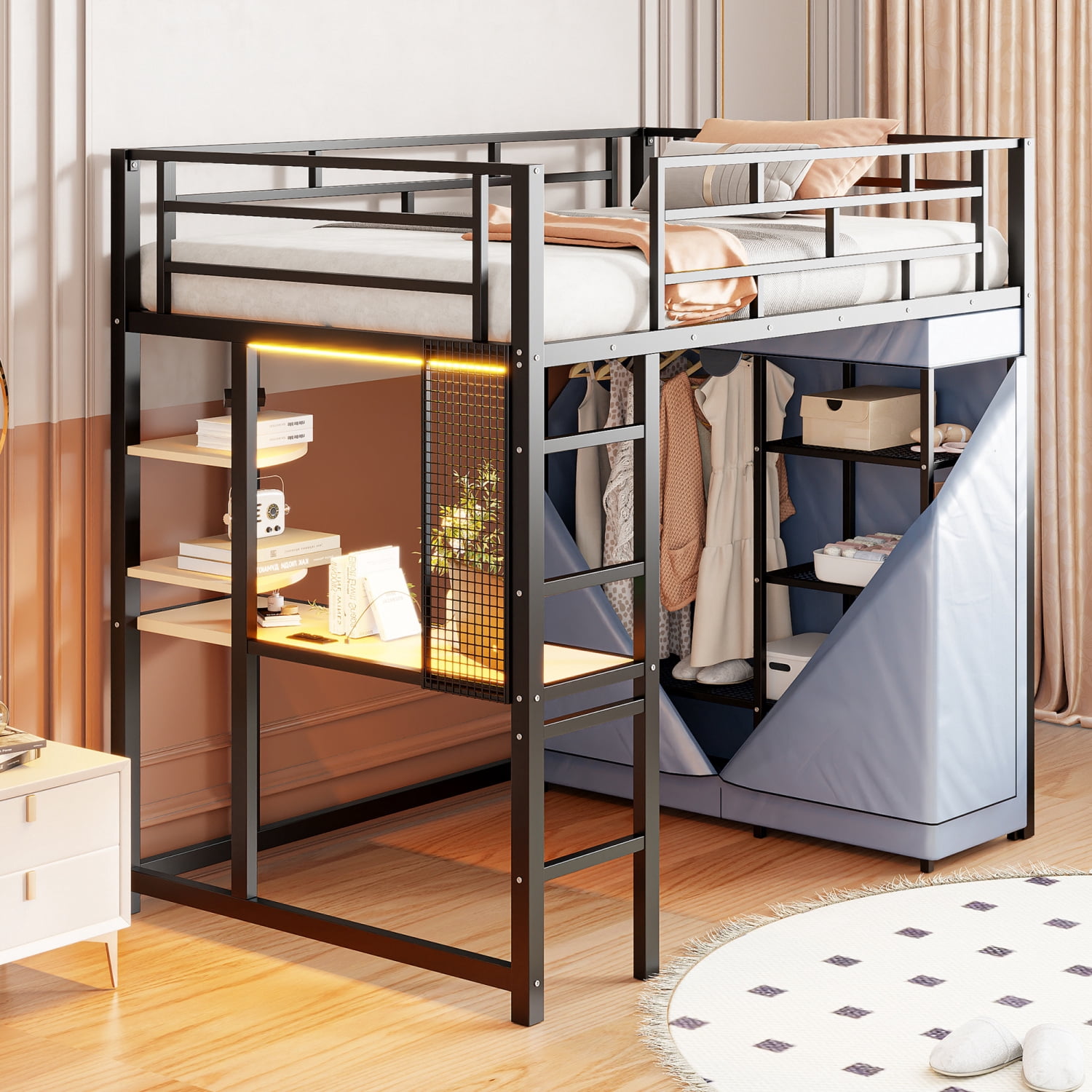 Twin Size Loft Bed, Metal Loft Bed with Wardrobe & Desk, Multifunction ...