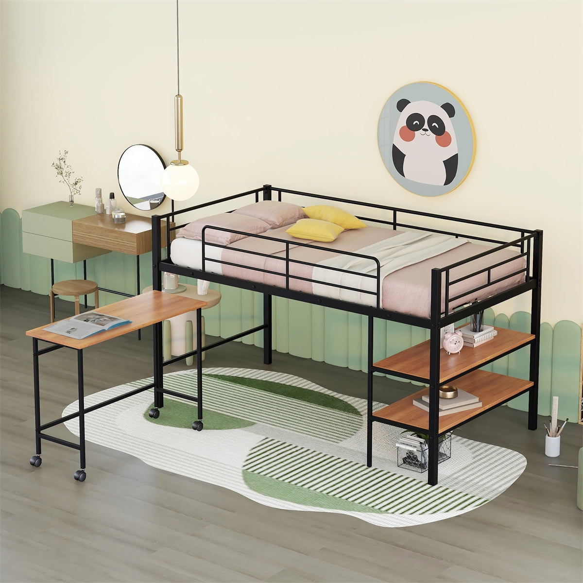 Twin Size Loft Bed with Desk, Shelves, Guardrail, Heavy-Duty Metal, Space-Saving, Black ...