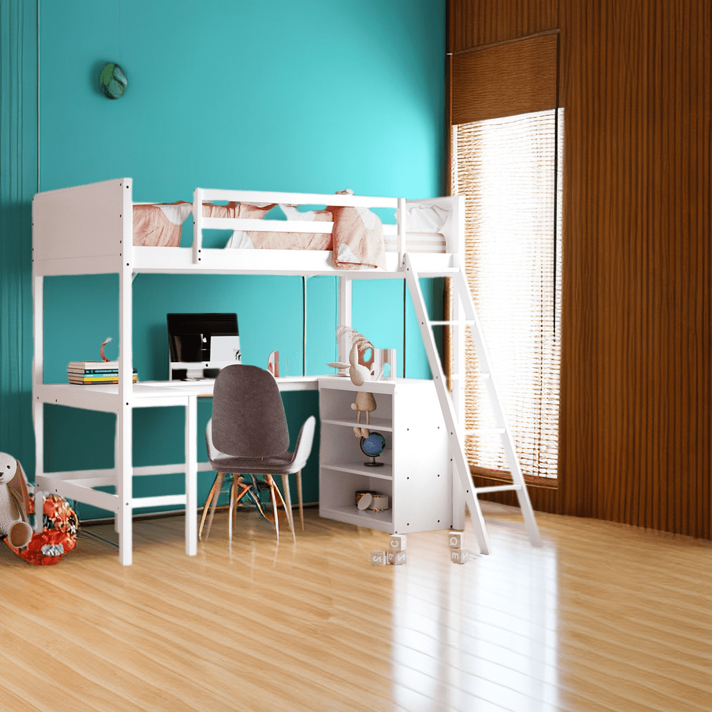 Twin Size Loft Bed with Shelves and Desk, Wooden Loft Bed Frame with ...