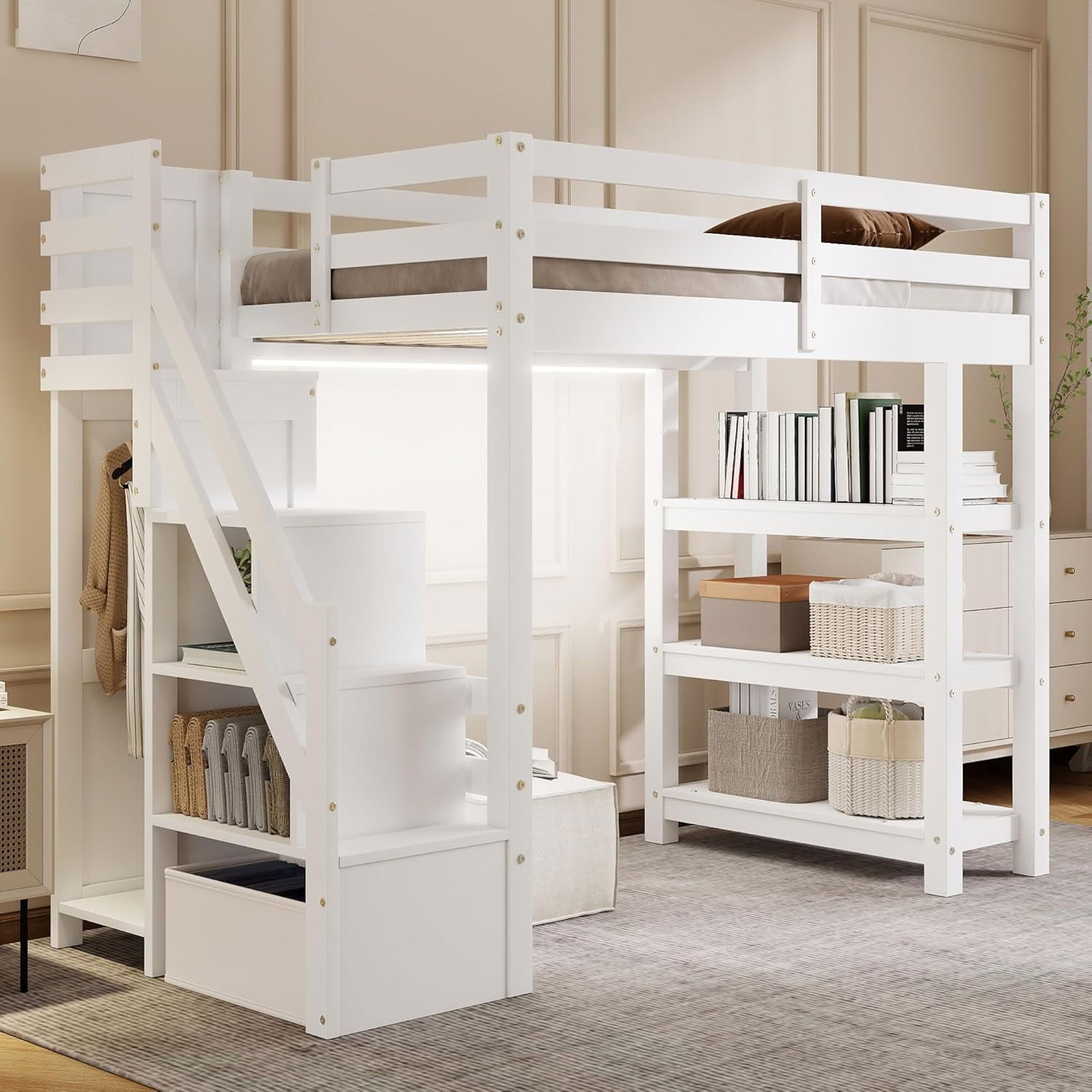 Twin Size Loft Bed with Stairs and Storage Shelves, Wooden Loft Bed Frame with Lights and ...