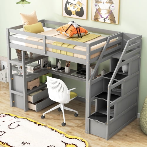 Twin Size Loft Bed with Storage Staircase and Desk, Wood Loft Bed with ...