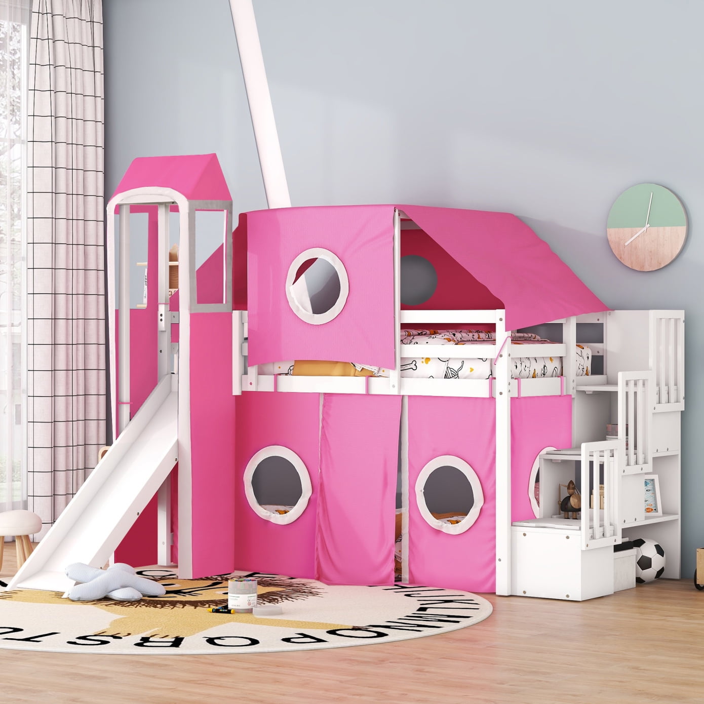 Twin Size Loft Bed with Tent and Tower for Kids - Sturdy Solid Wood ...