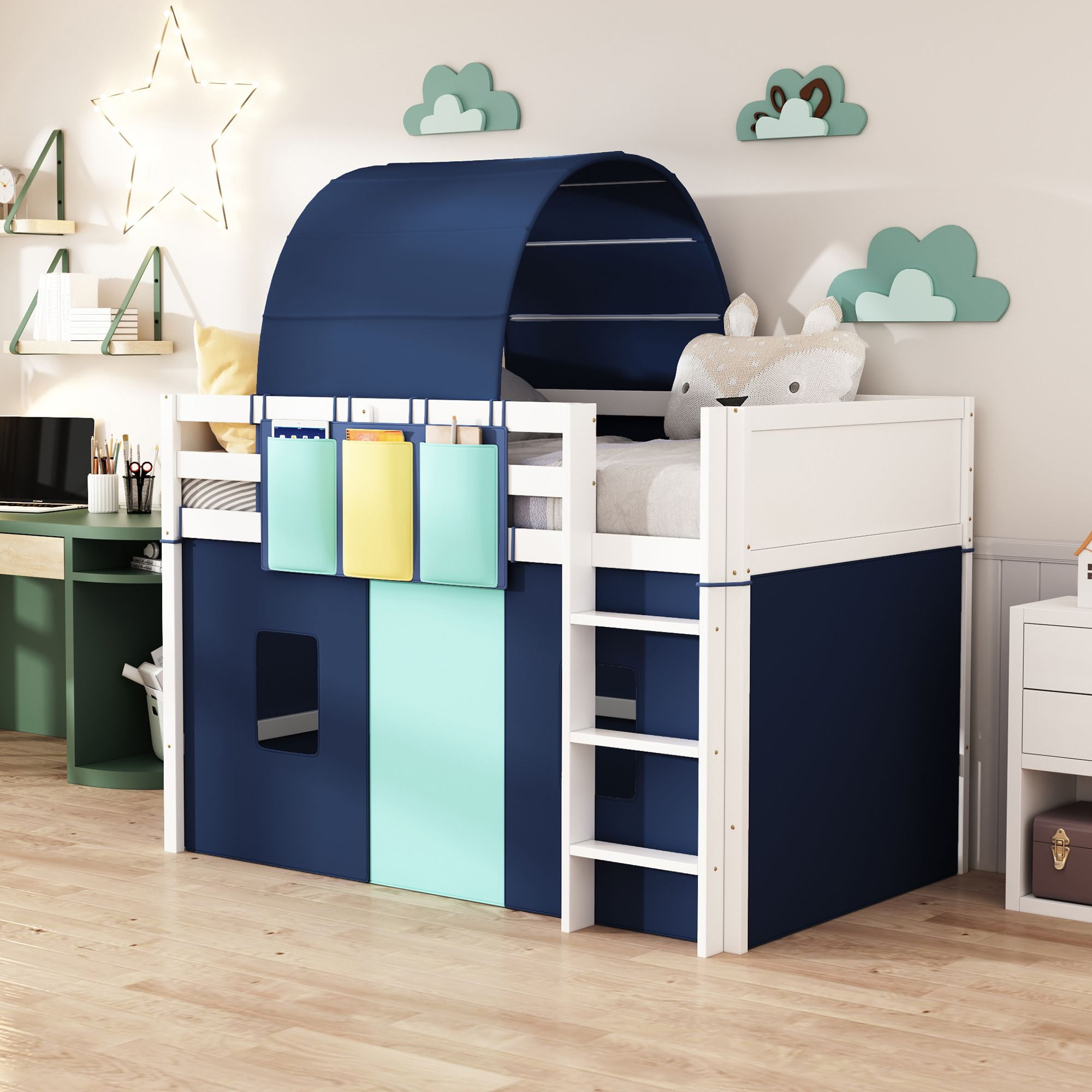Twin Size Loft Bed with Tent and Tower and Three Pockets, Wooden Loft ...