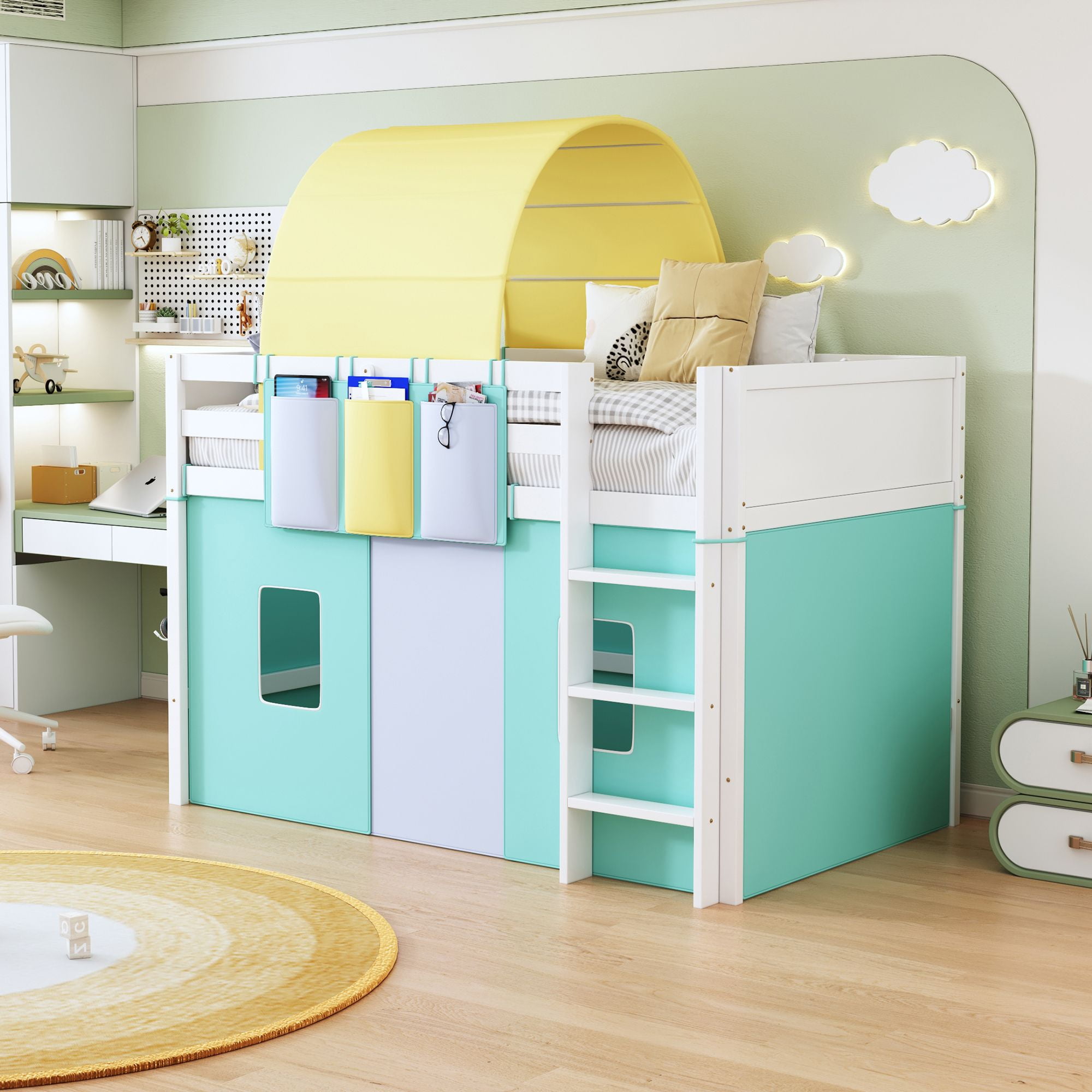 Twin Size Loft Bed with Tent and Tower and Three Pockets, Wooden Loft ...