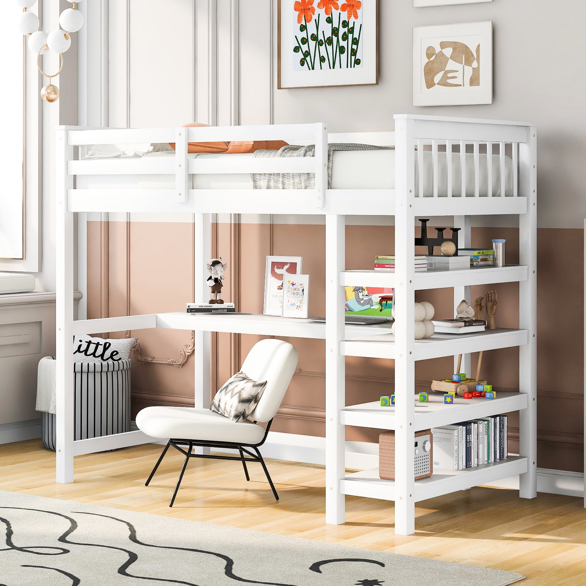 Twin Size Loft Bed - Useful Workstation and Storage Shelves - Walmart.com