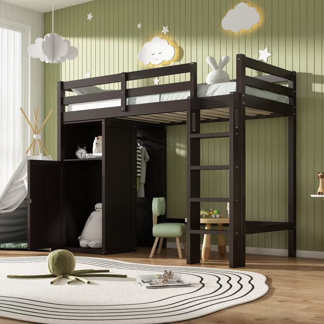 Twin Size Loft Bed with Wardrobe and Underbed Storage, Solid Wood Bed ...