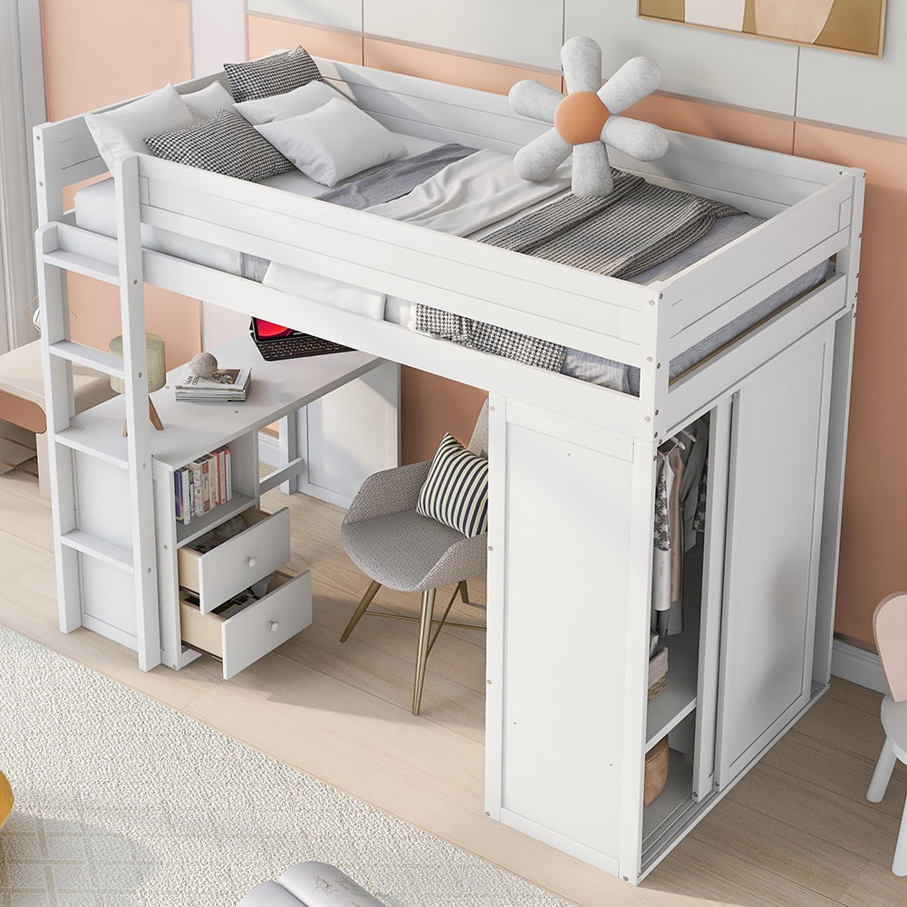 Twin Size Loft Bed With Desk Wardrobe Wooden Twin Loft Bed With Drawers ...