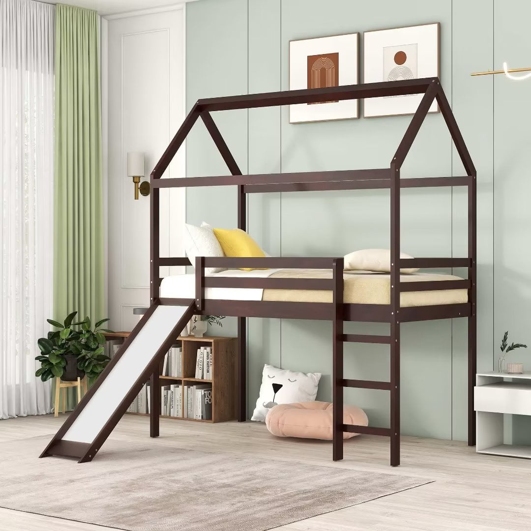 Twin Size Loft Bed, Wood Loft Bed with Roof, Guardrail, Built-in Ladder, and Slide, Wood House ...
