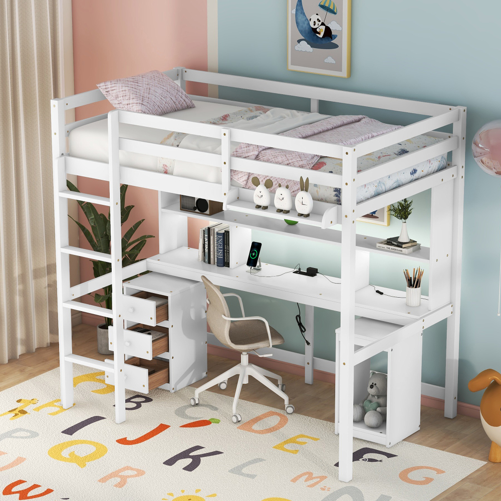 Twin Size Loft Bed, Wood High Loft Bed Frame with Multi Storage Desk ...