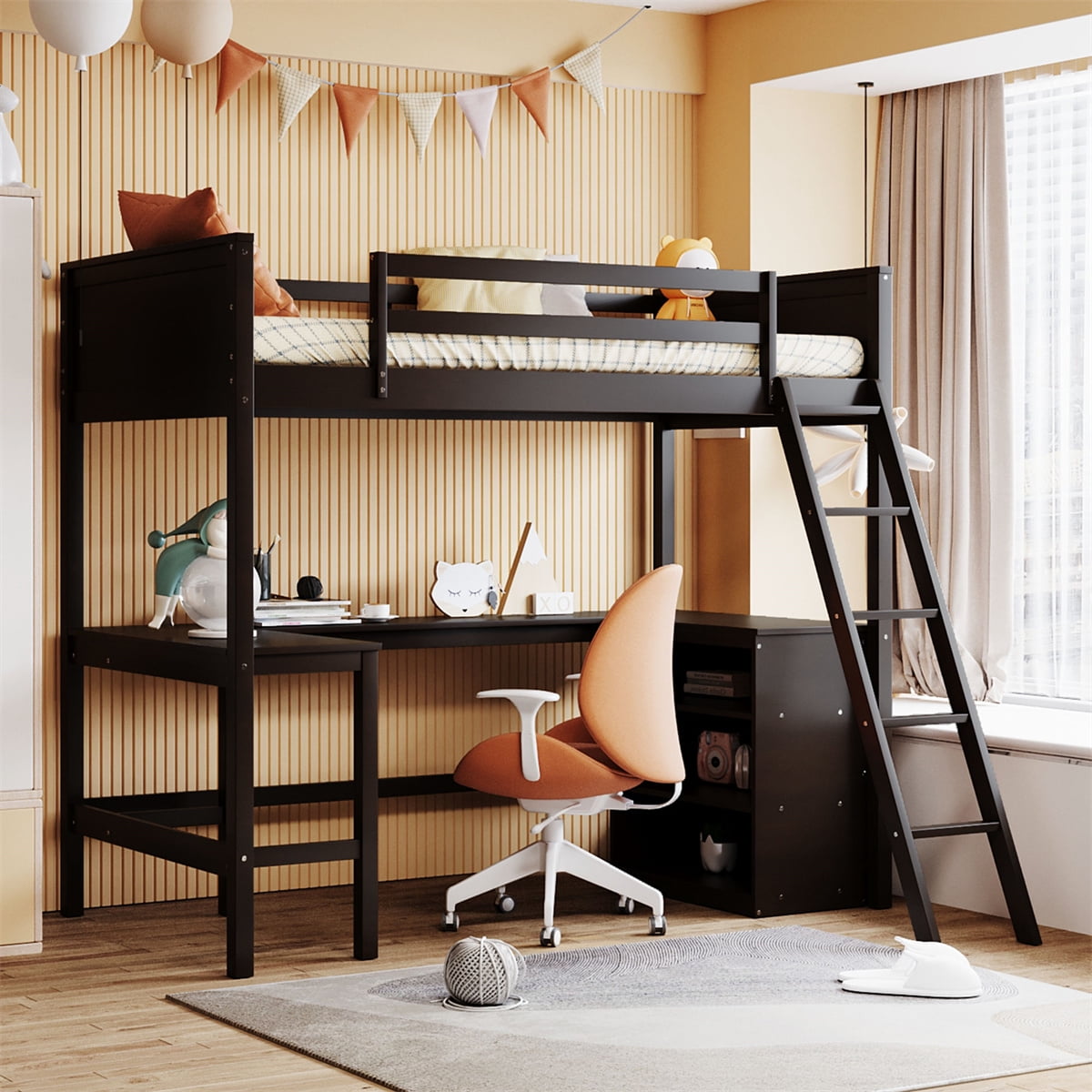 Twin Size Loft Bed, Wooden Loft Bed Frame with Shelves and Built-in Desk for Kids Teens Adults ...