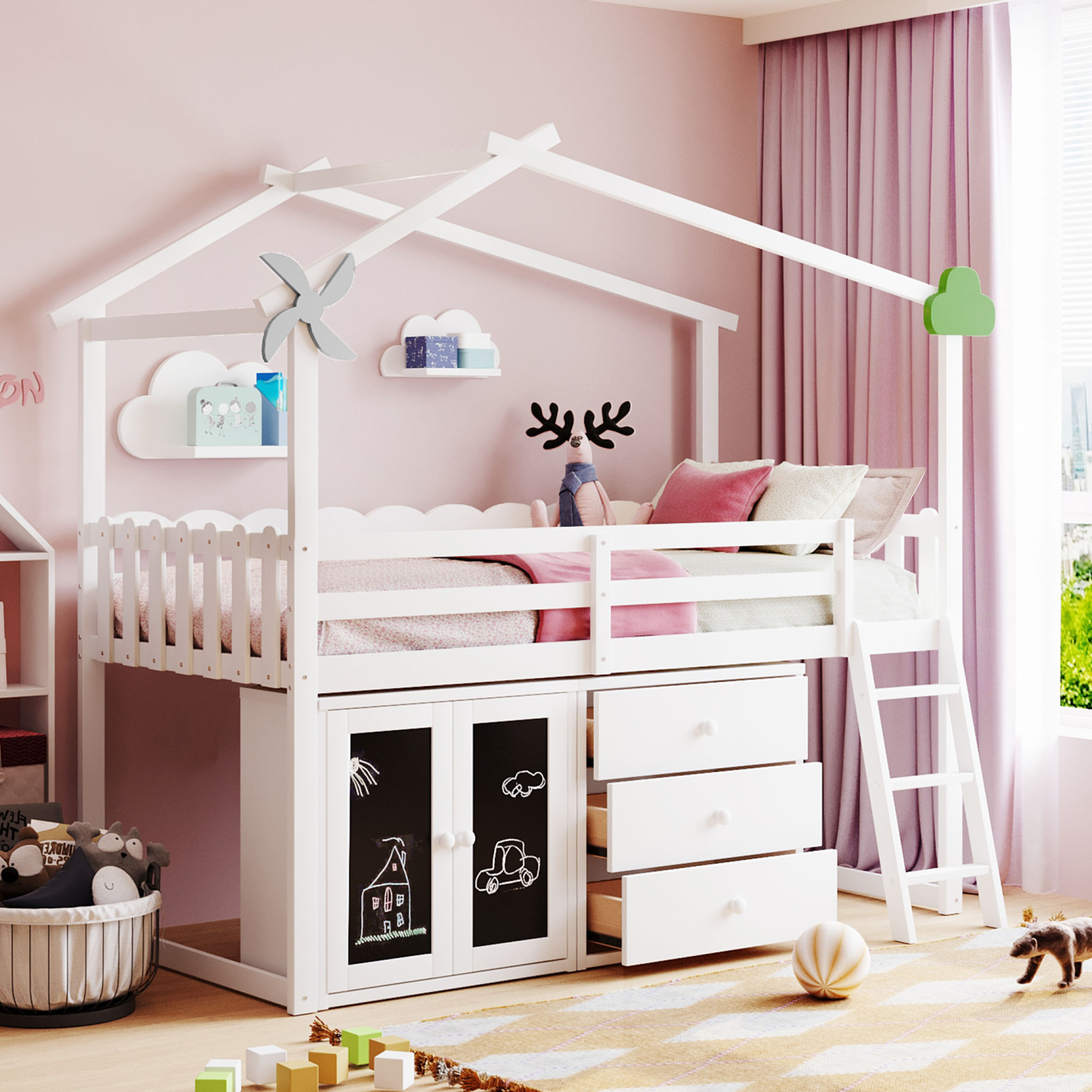White Twin Size Loft Bed with Drawers, Windmill, Fence, Blackboard, No ...