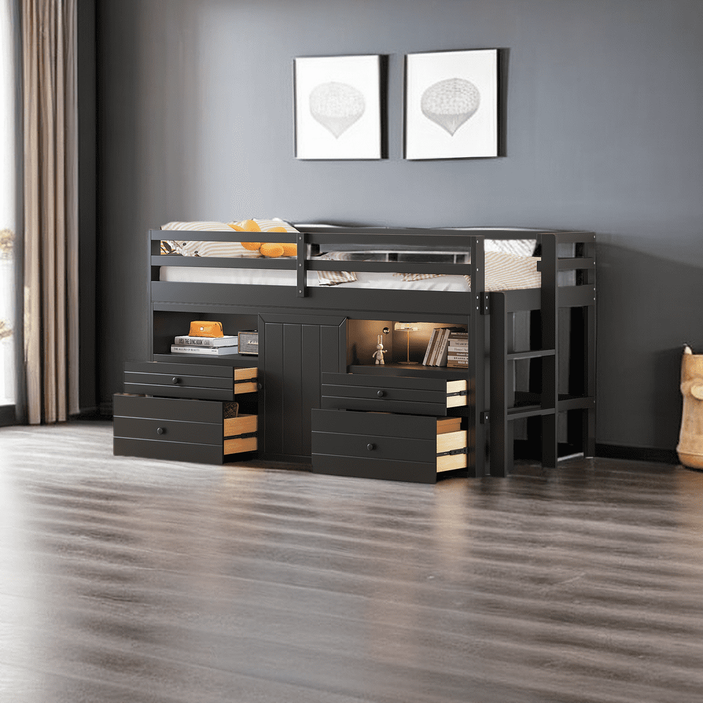 Twin Size Loft Bed with 4 Drawers,Underneath Cabinet and Shelves,Twin ...