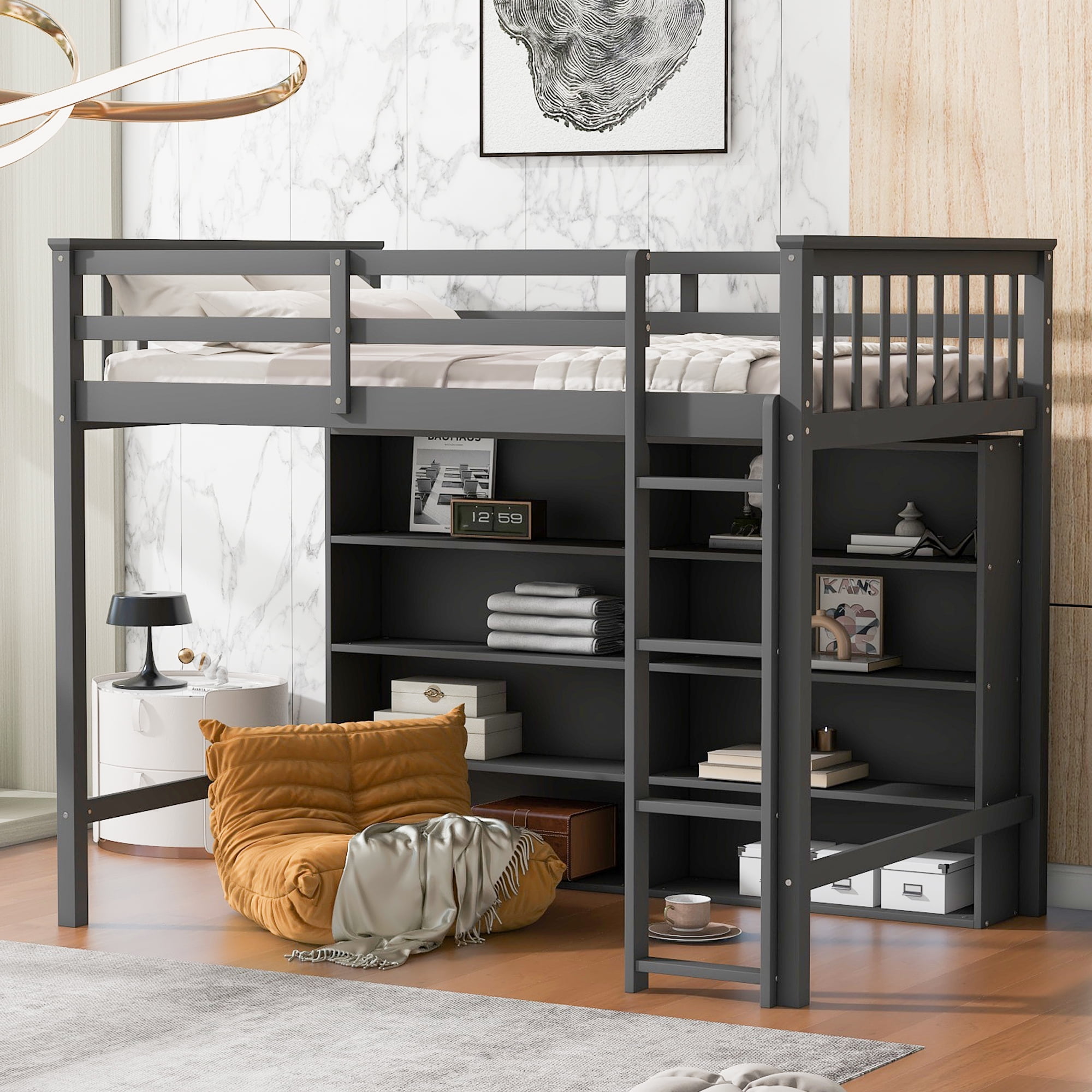 Twin Size Loft Bed with 8 Open Storage Shelves and Built-In Ladder ...