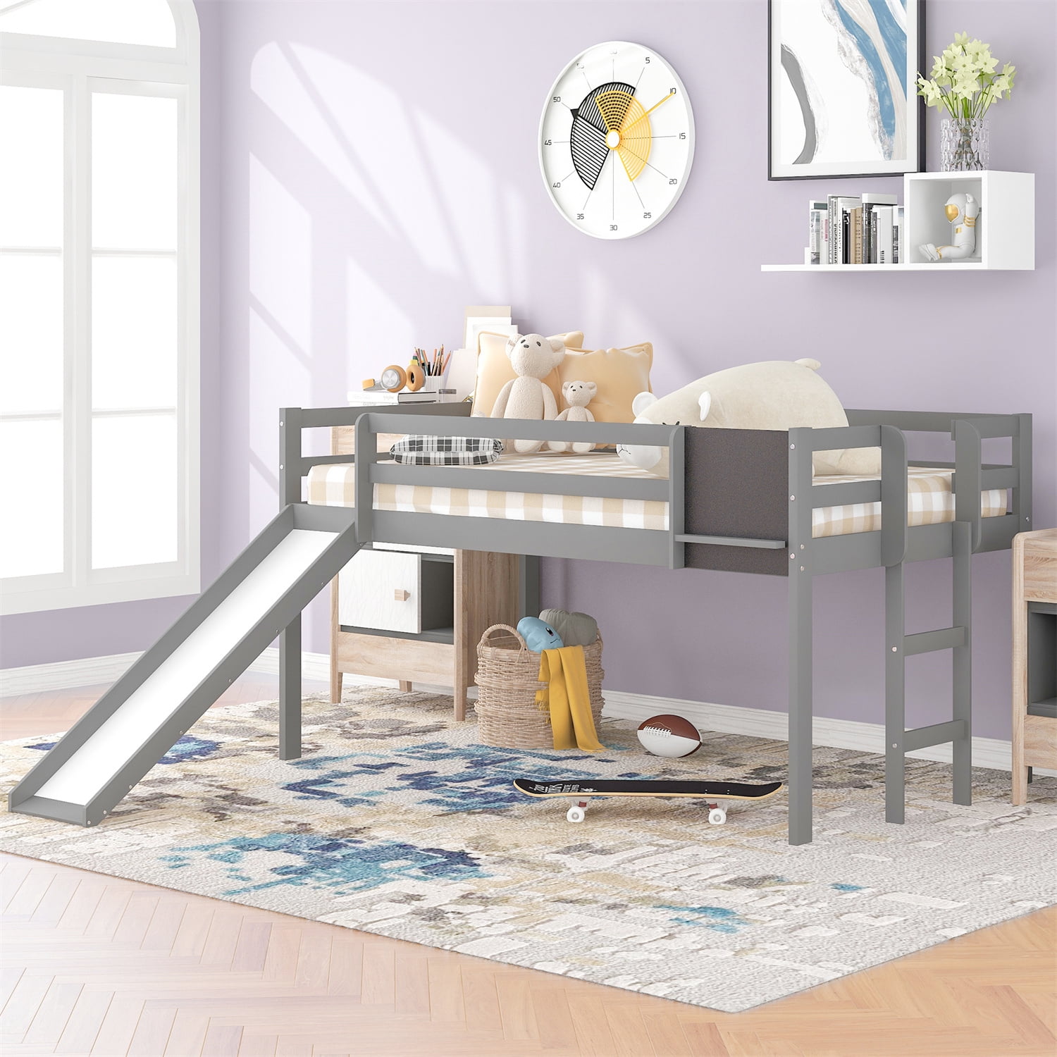 Twin Size Loft Bed with Chalkboard, Wood Low Loft Bed Frame with Slide ...