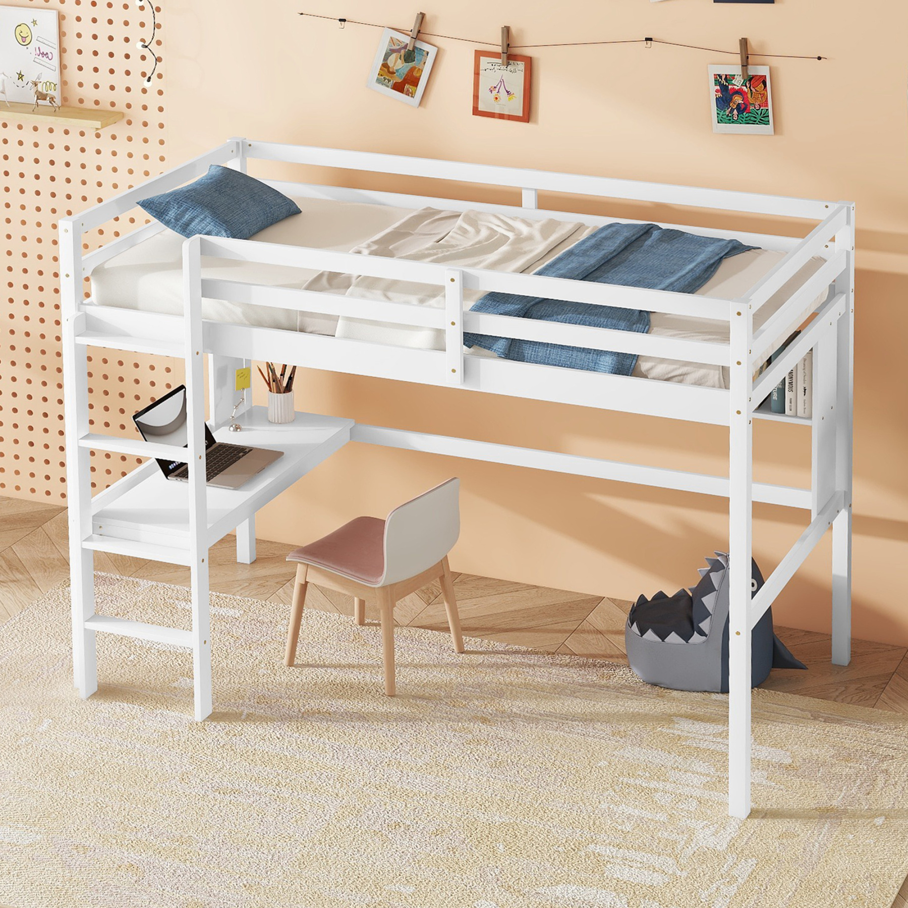 Twin Size Loft Bed with Desk and Shelves, Loft Bed Frame with Safety ...