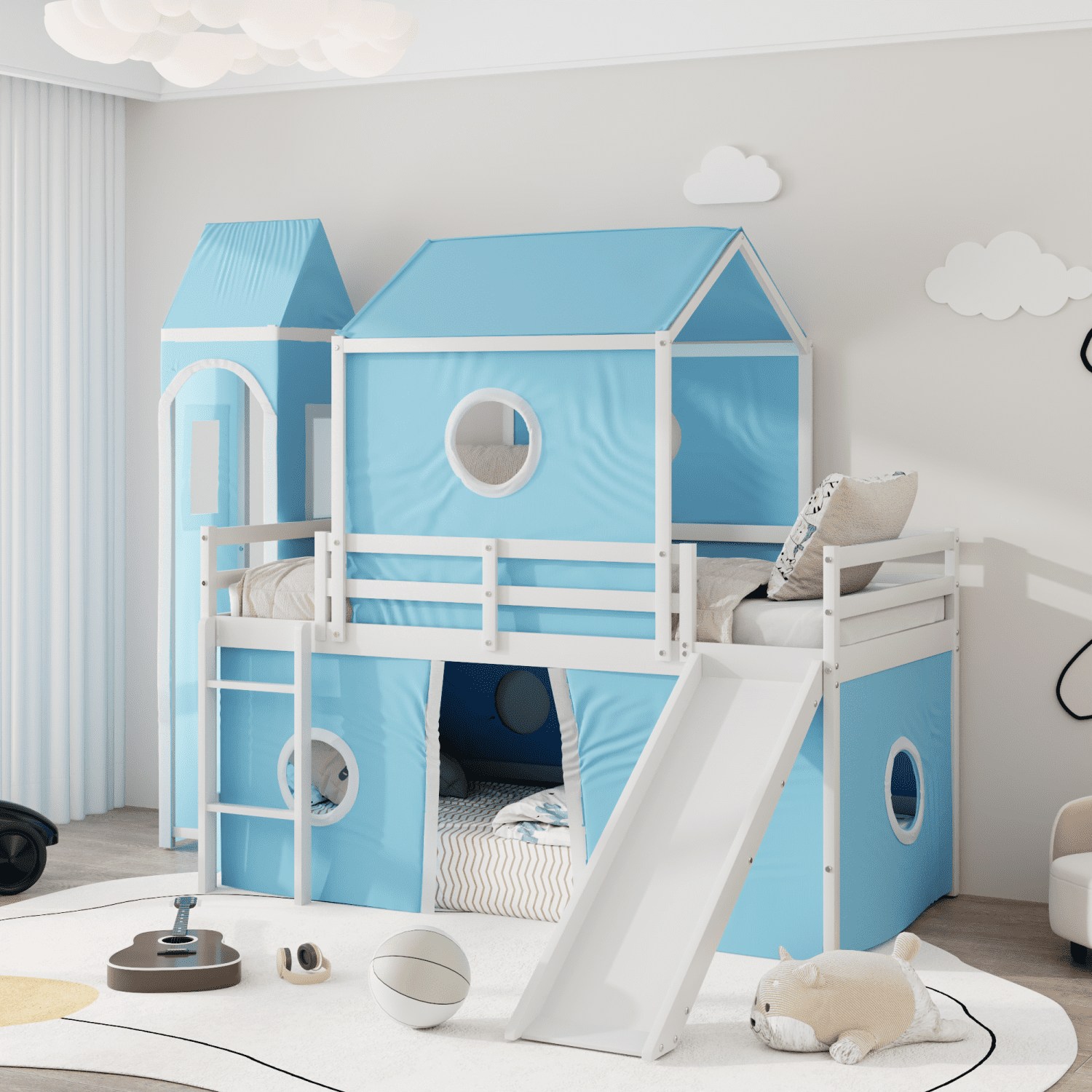 Twin Size Loft Bed with Slide, Bed Frame with Tent and Tower, Bed Slat ...