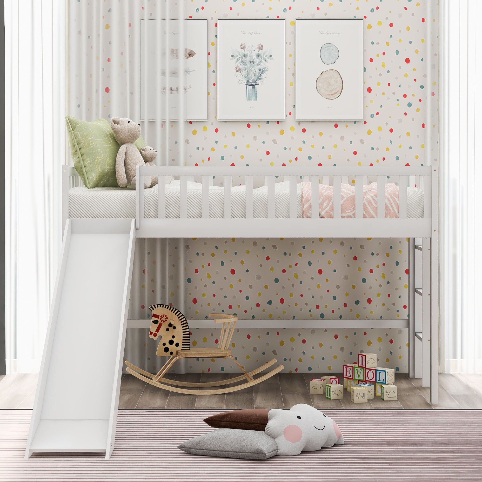 Twin Size Loft Bed with Slide, Low Loft Bed with Ladder and Guardrails ...