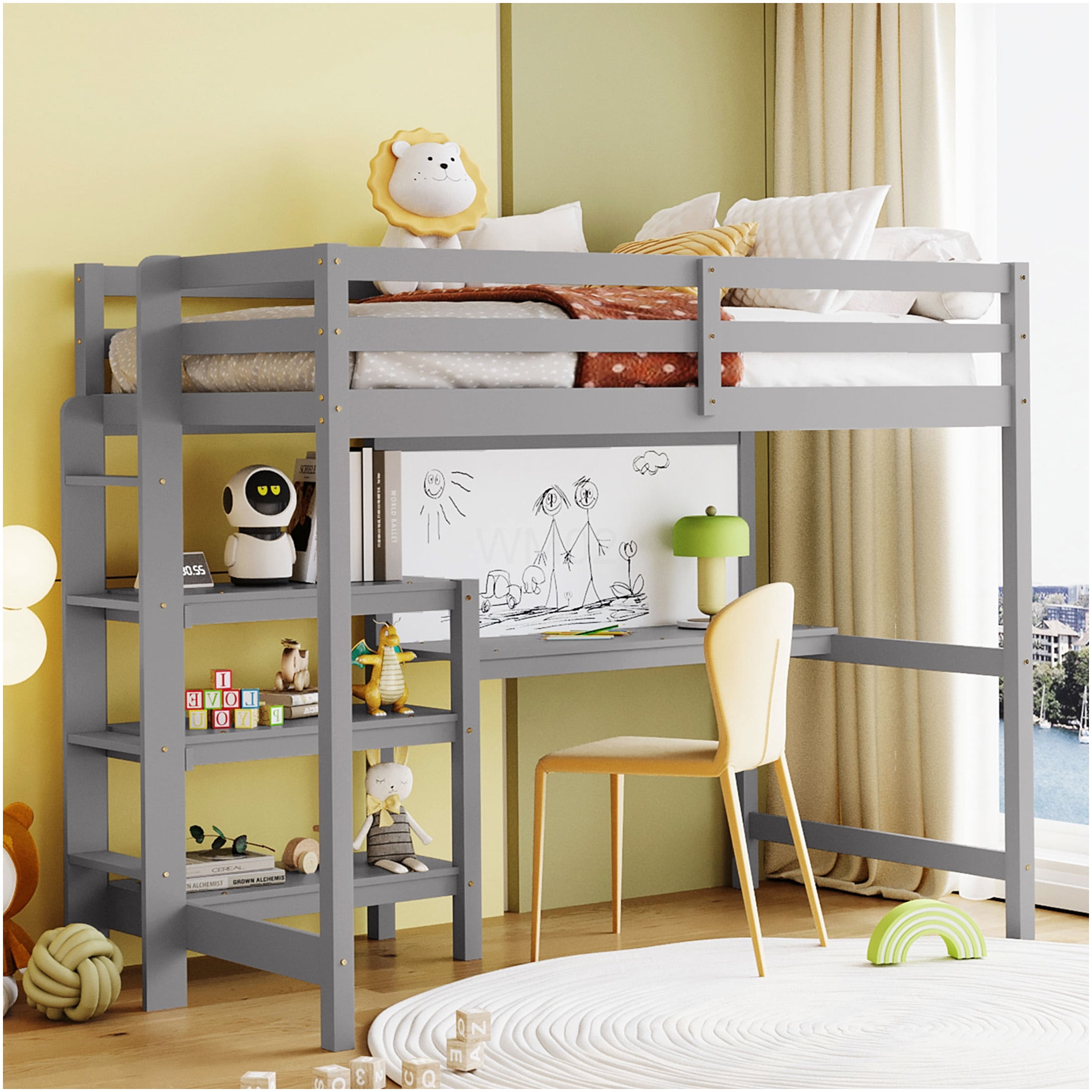 Twin Size Loft Bed with Study Desk and Bookshelf, Space Saving Black ...