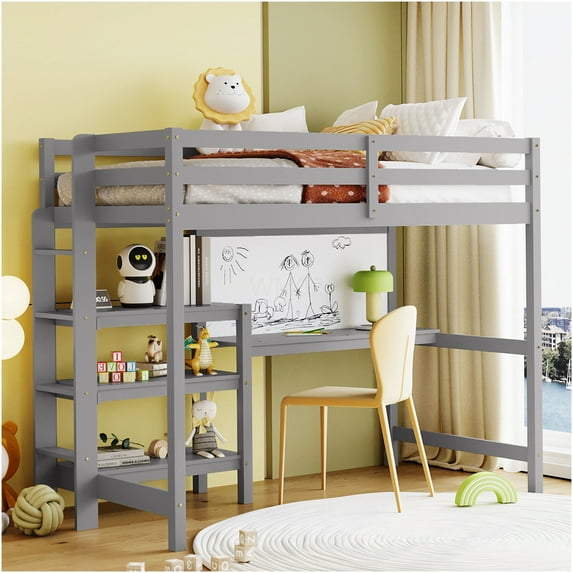 Twin Size Loft Bed with Study Desk and Bookshelf, Space Saving Black ...