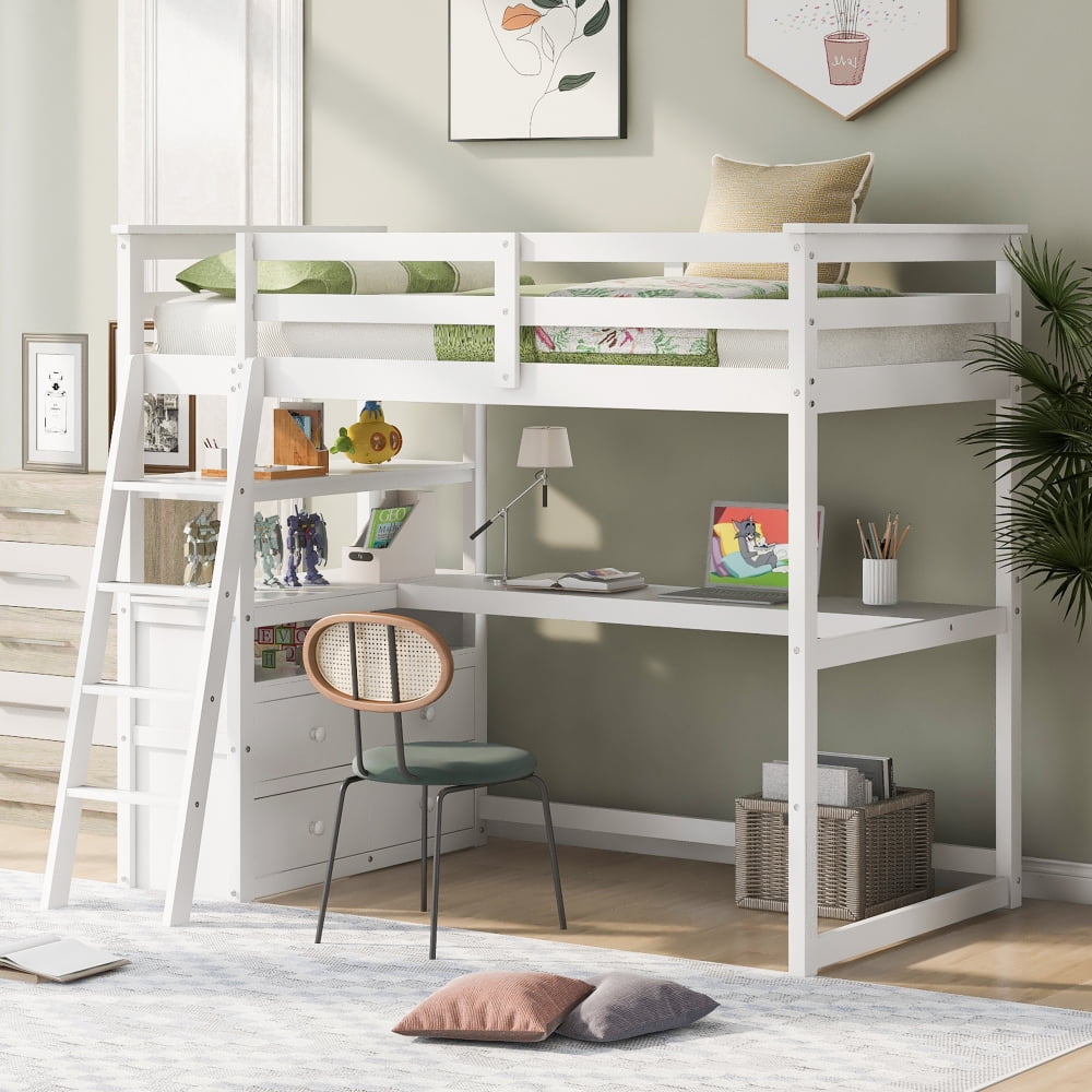Twin Size Loft Bed with Two Built-in Drawers,Multifuctional Loft Bed ...