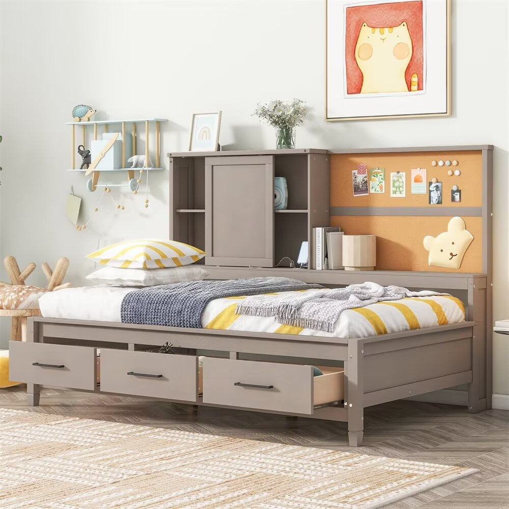 Twin Size Lounge Daybed with Storage Shelves and Cork Board, Versatile ...