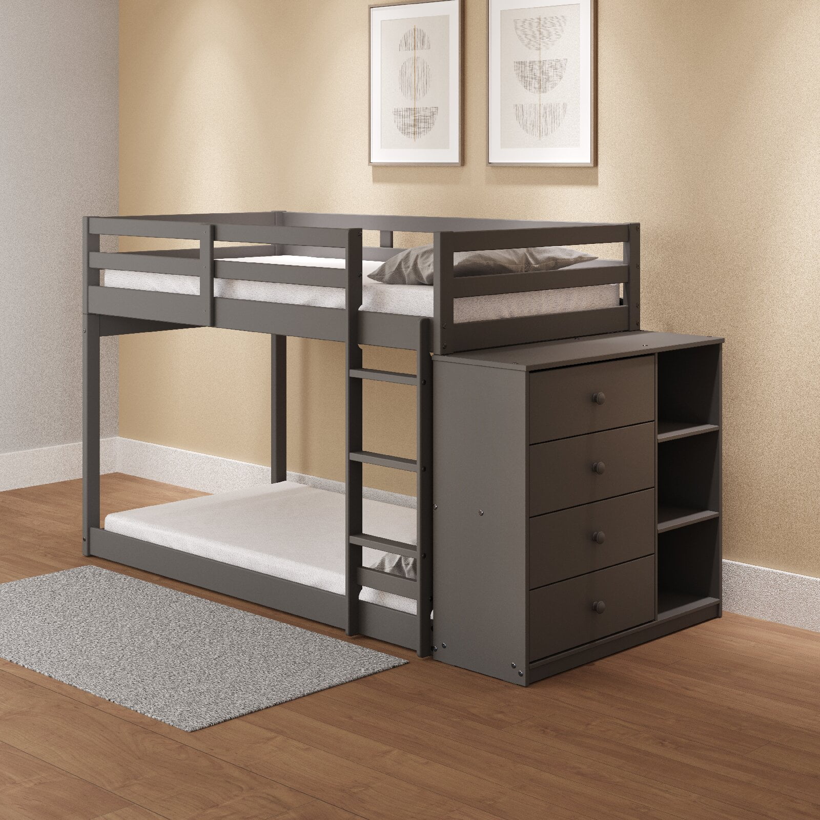 Twin Size Low Bunk Bed Frame with Storage, Floor Bunk Beds Frame with 4 ...