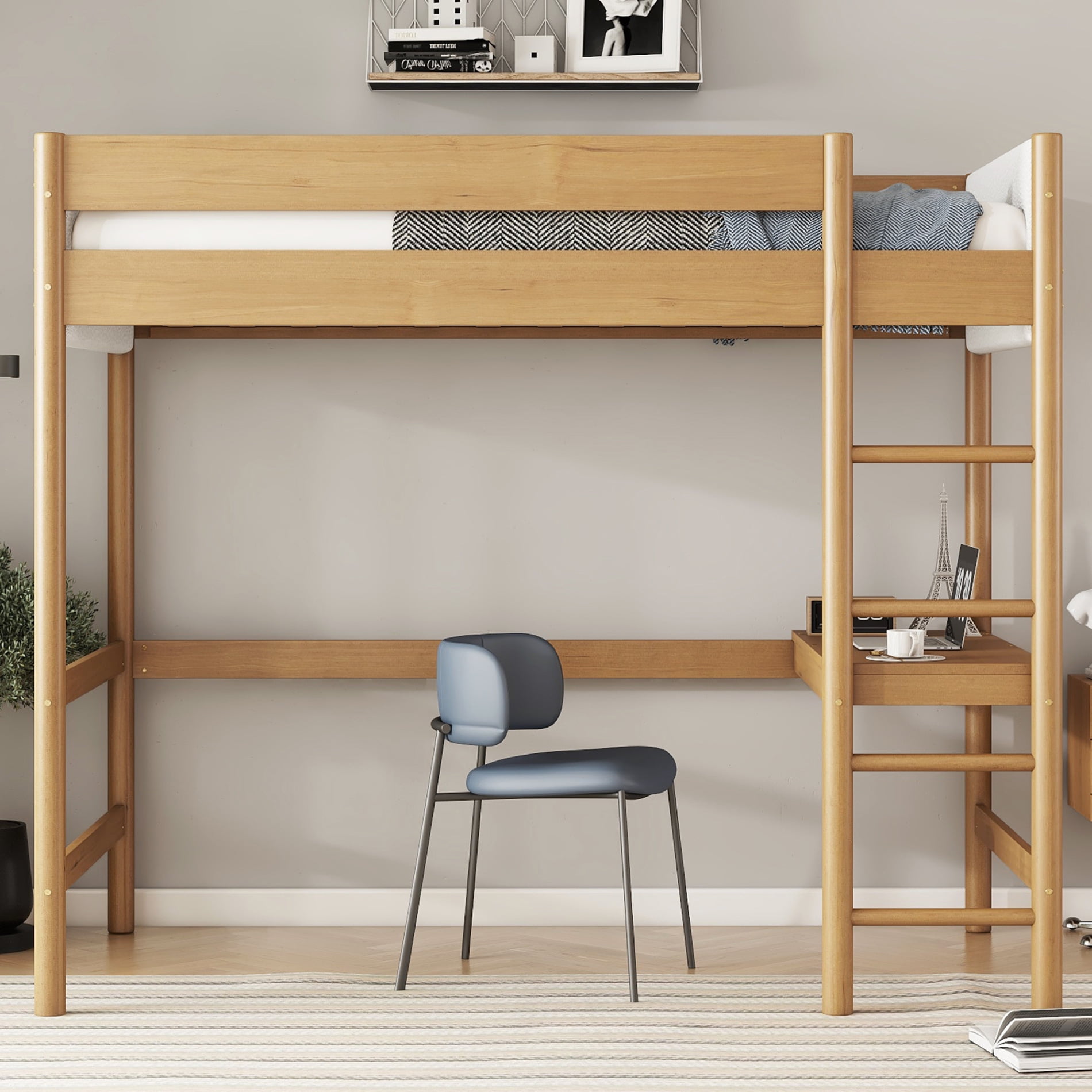 Twin Size Low Loft Bed Frame with Safety Guardrails & Built-In Study ...