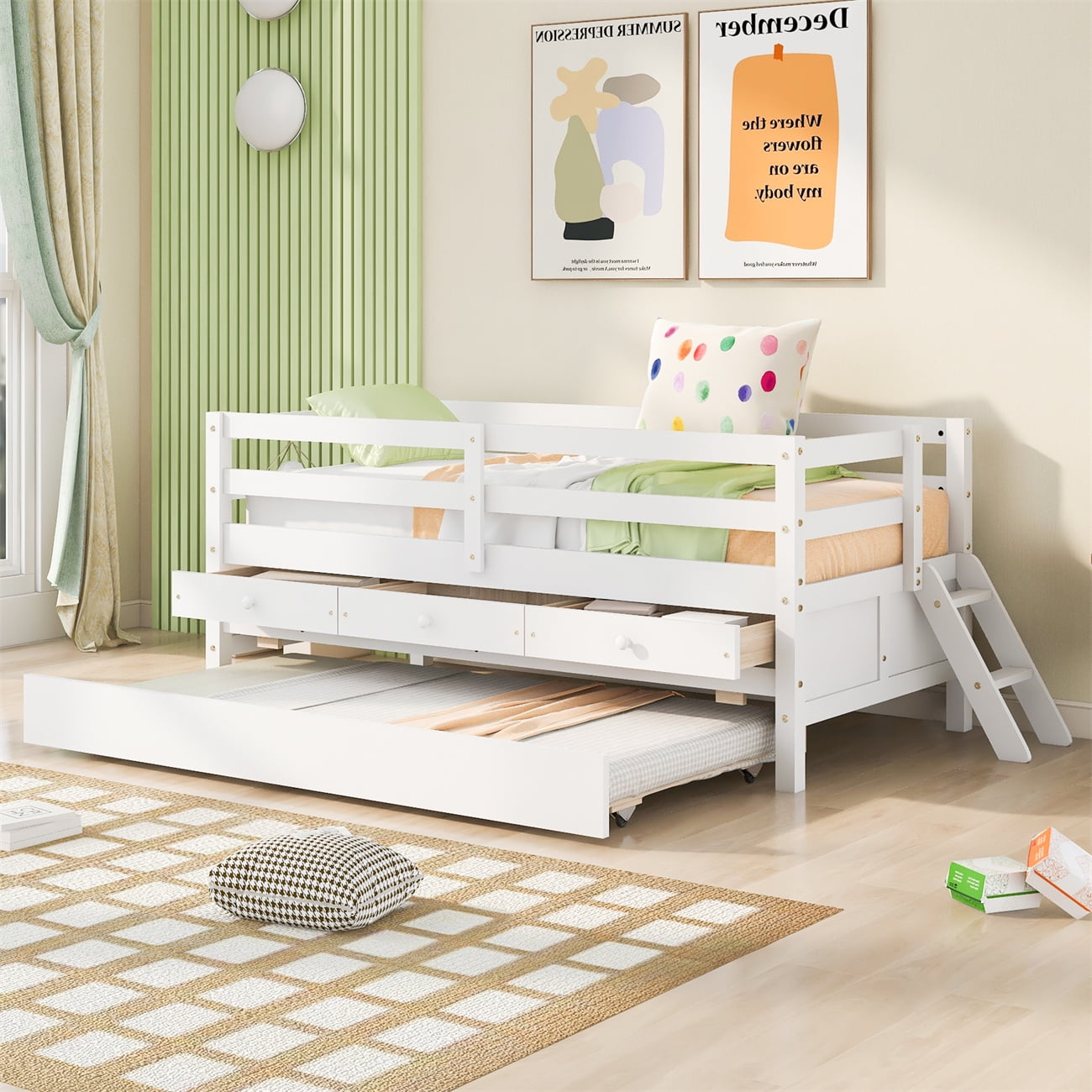 Twin Size Low Loft Bed, Kids Low Loft Bed Frame with Trundle and ...
