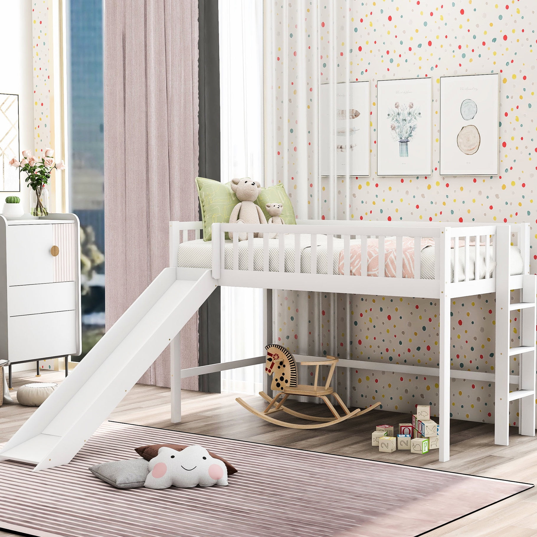 Twin Size Low Loft Bed | Slide Adds Fun to Bedroom | Vertical Ladder ...