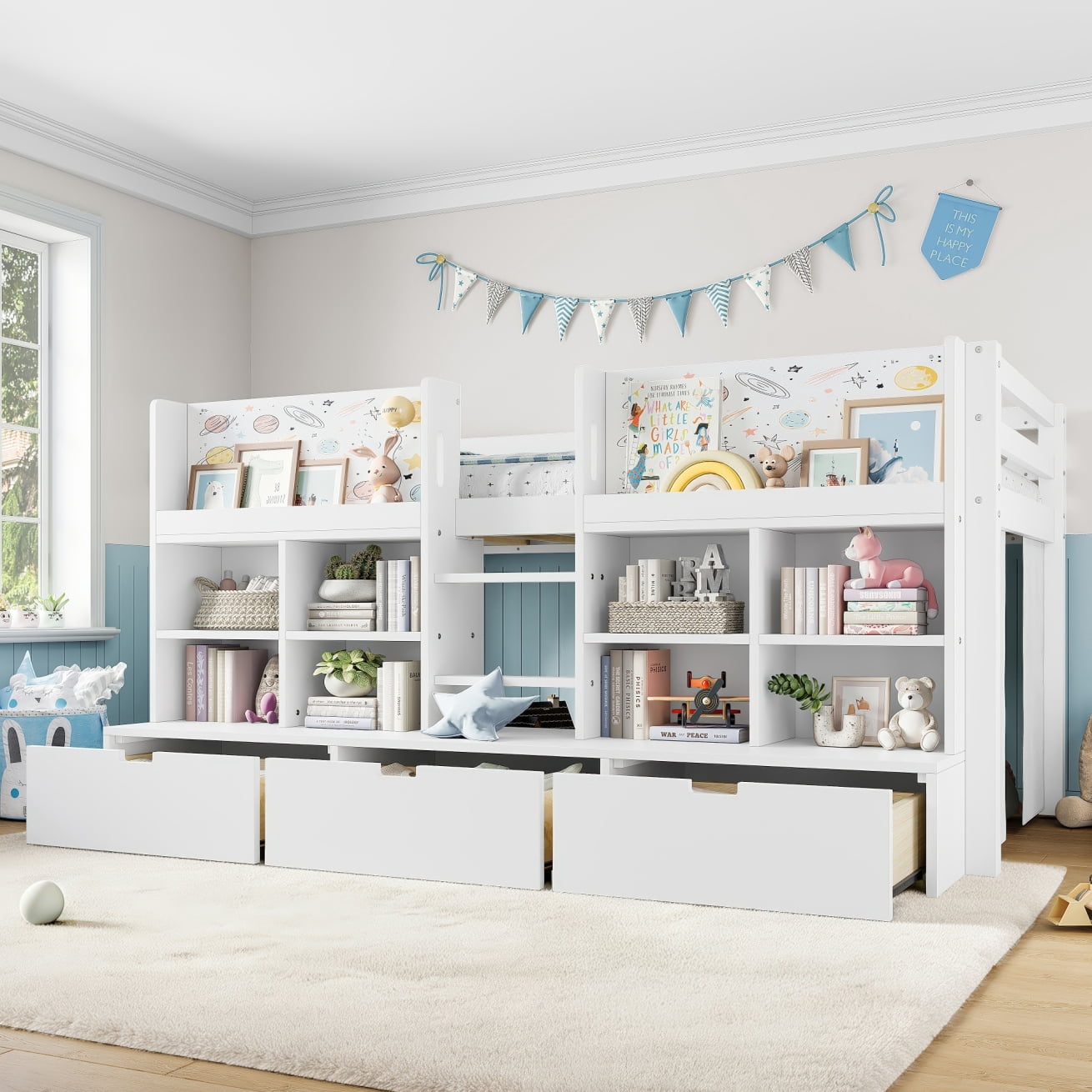 Twin Size Low Loft Bed with Storage Shelves & Chalkboard & Under-Bed ...