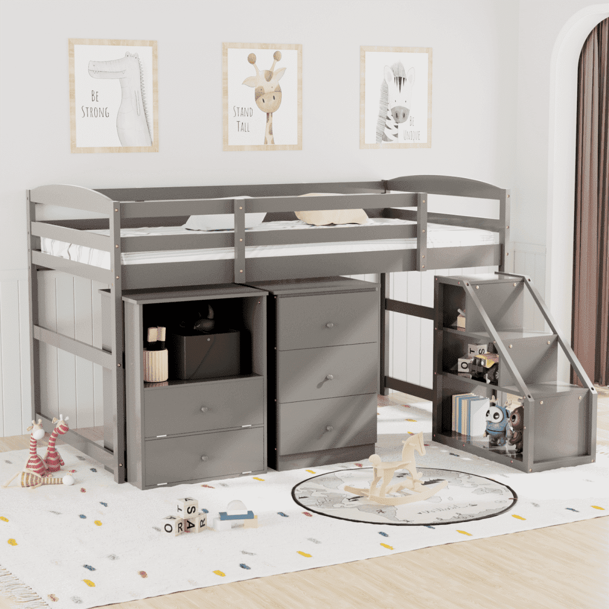 Twin Size Low Loft Bed with Pullable 3-Step Storage Stairs & 2 Storage ...
