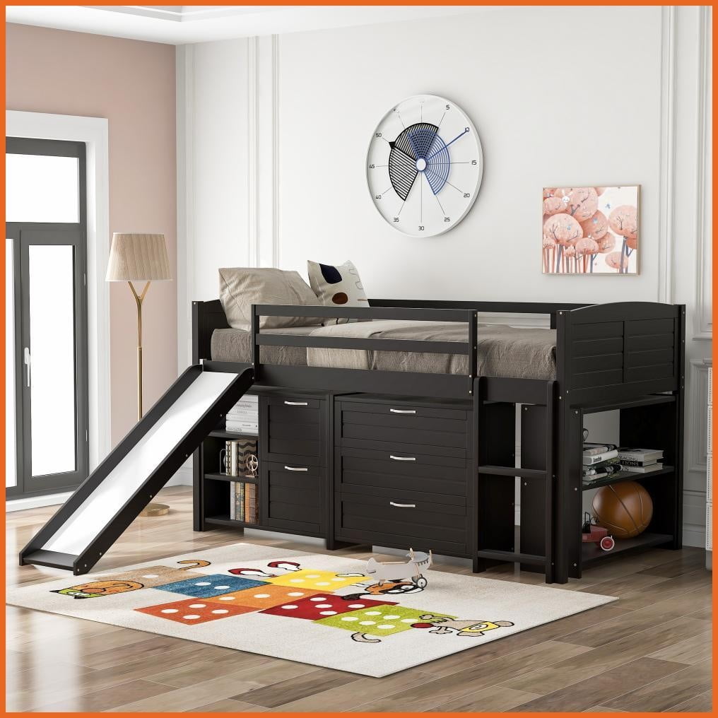 Twin Size Low Loft Bed with Storage Cabinets Shelves Slide - Espresso ...