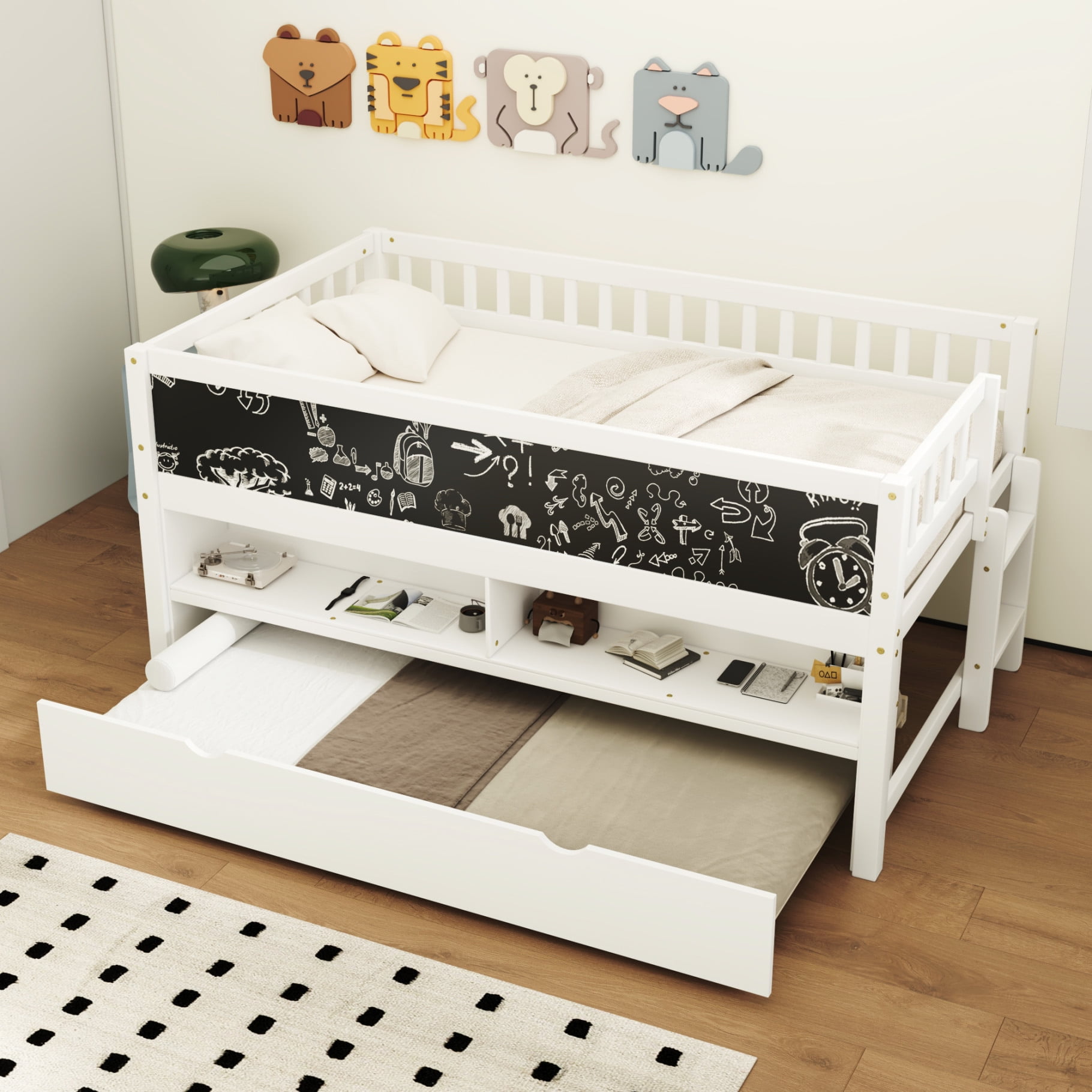 Twin Size Low Loft Bed with Trundle and Blackboard, Wooden Loft Bed ...