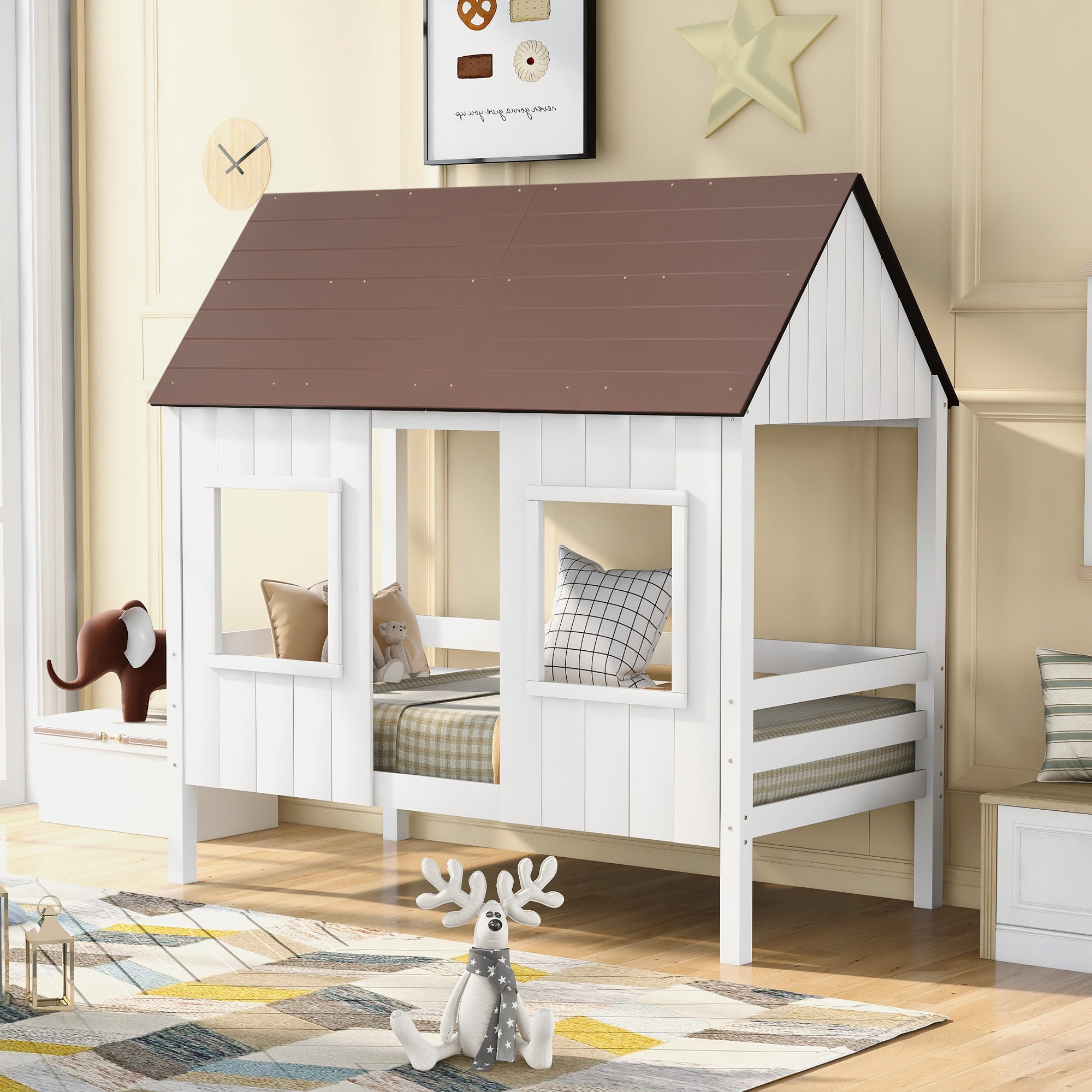 Twin Size Low Loft Wood House Bed with Two Front Windows, (White+Brown ...