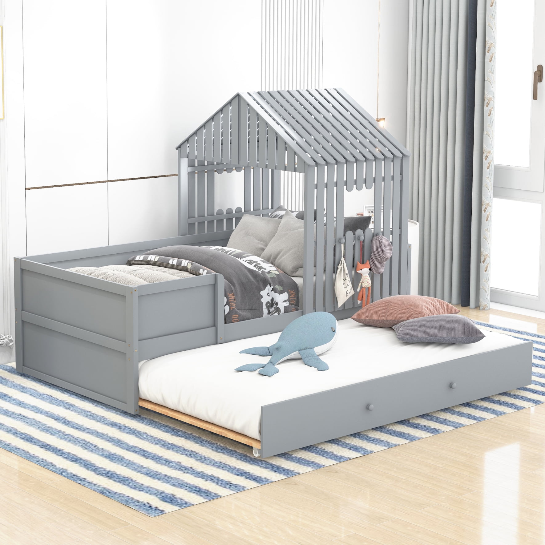 Twin Size Low Patform Bed with Trundle, Solid Pine Wood House-Shape Bed ...