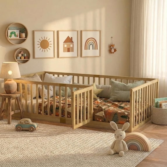 Twin Size Low Profile Floor Bed Frame with Door and Guardrails, Solid ...