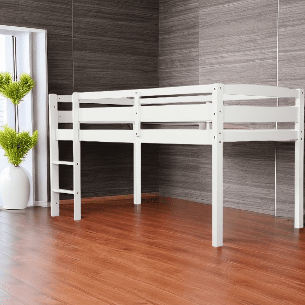 Twin Size Low Wood Loft Bed Frame with Ladders and Guard Rails for Boys ...