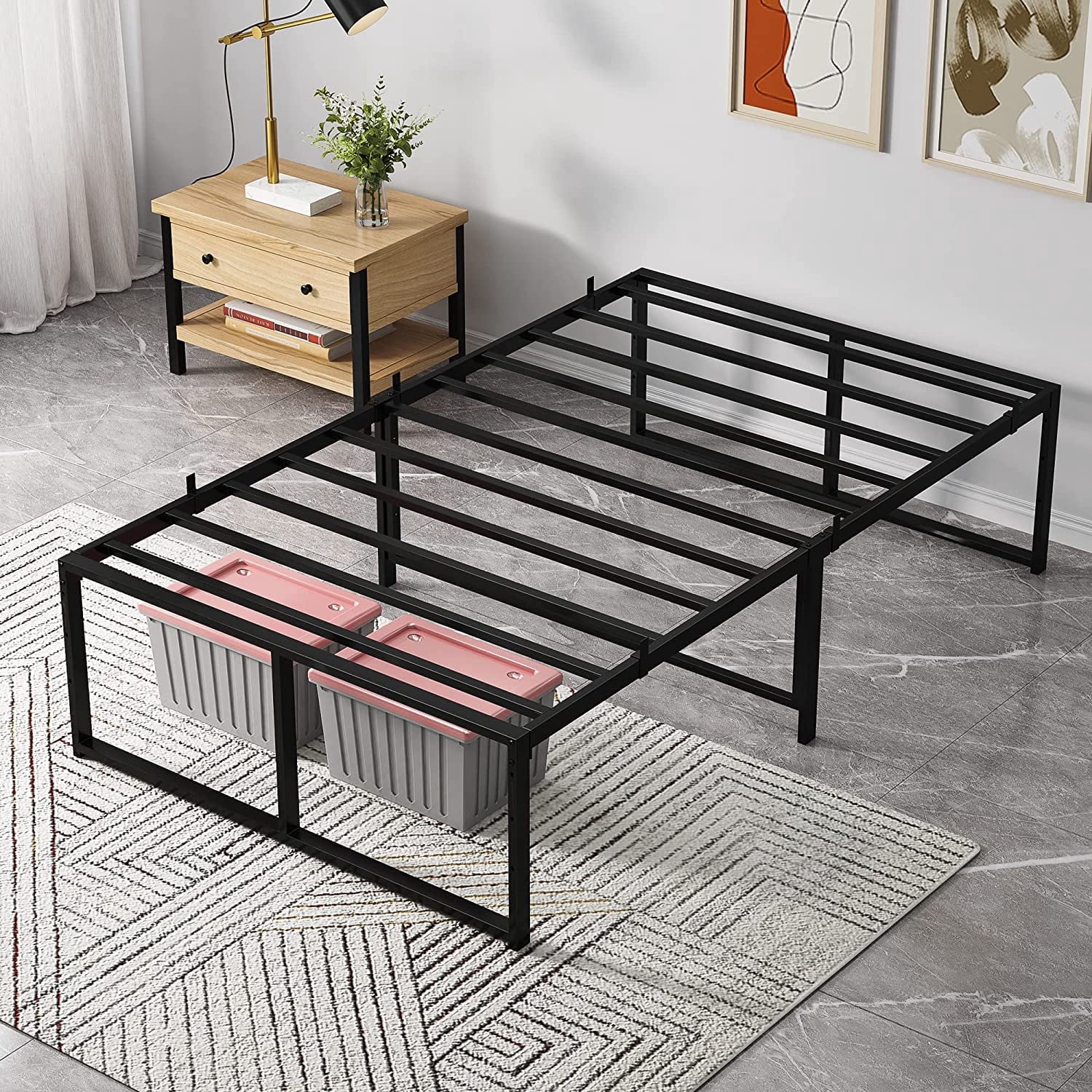 Twin Size Metal Bed Frame Black Platform for Safe Sleep, Large Storage ...